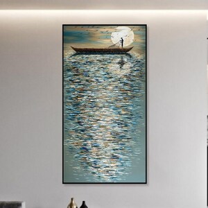 Impressionist Seascape With Moonlight Reflection Calming Nautical Wall ...