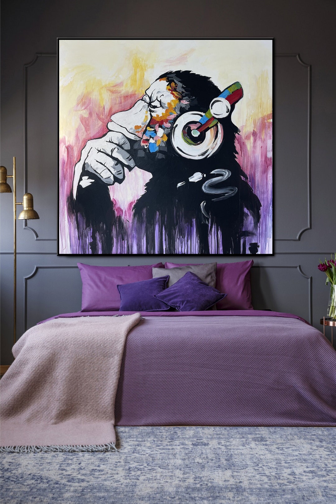 50x50 Abstract Monkey in Headphones Painting on Canvas - Etsy