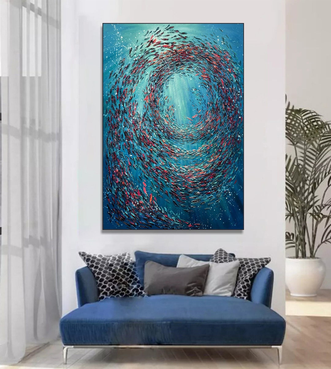 Abstract Ocean Fish Painting – School of Fish Deep Sea Canvas Wall Art ...