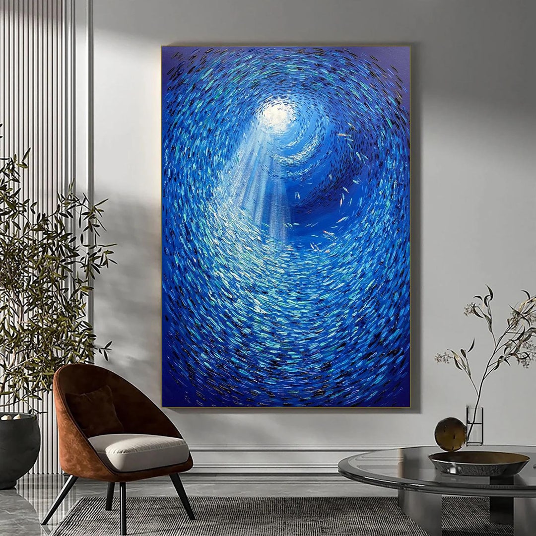 Underwater Abstract Fish School Art Original Ocean Painting on Canvas ...