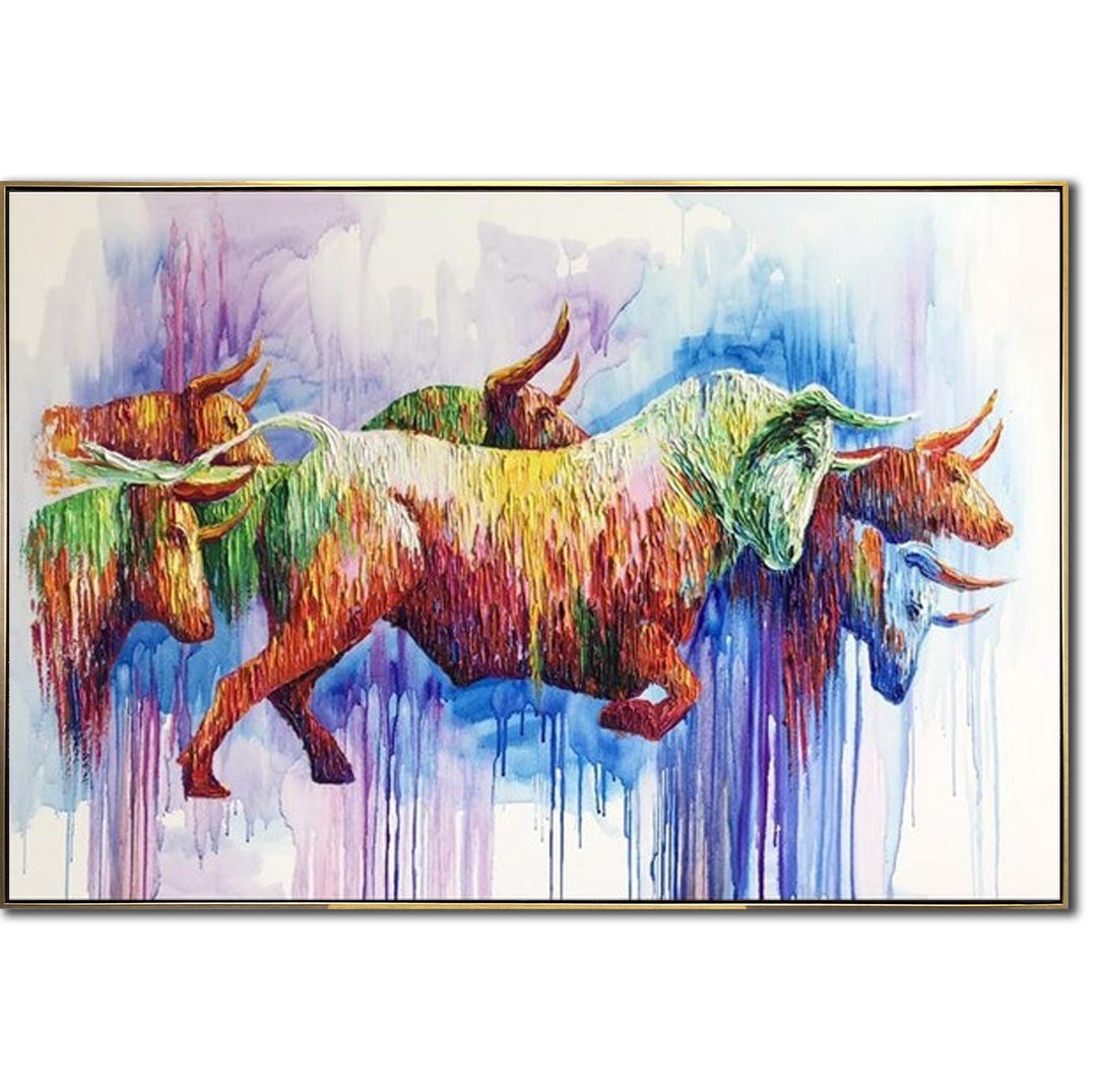 Colorful Abstract Bull Painting Large Vibrant Animal Impasto Wall Art ...