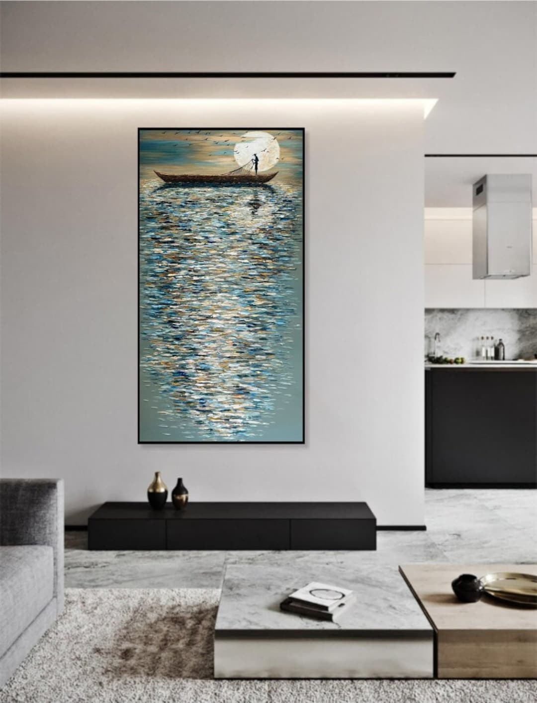 Impressionist Seascape With Moonlight Reflection Calming Nautical Wall ...