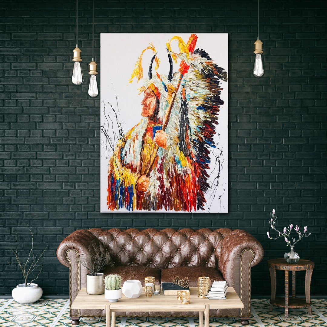Large Abstract Native American Chief Wall Art, Textured Indian ...