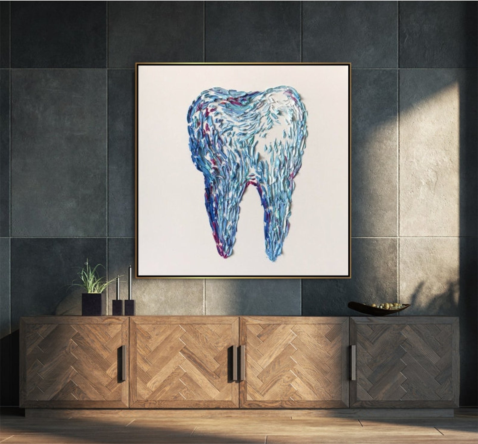 Original Abstract Teeth Painting on Canvas. Blue Impasto Handmade Art ...