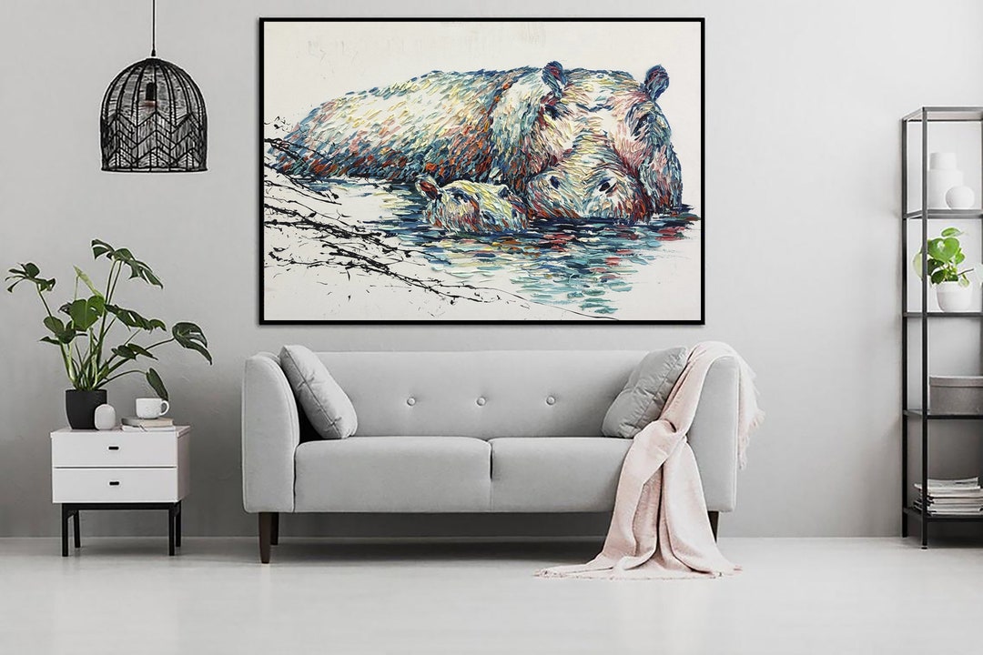 Hippo Oil Painting on Canvas – Abstract Wildlife Wall Art, Colorful ...