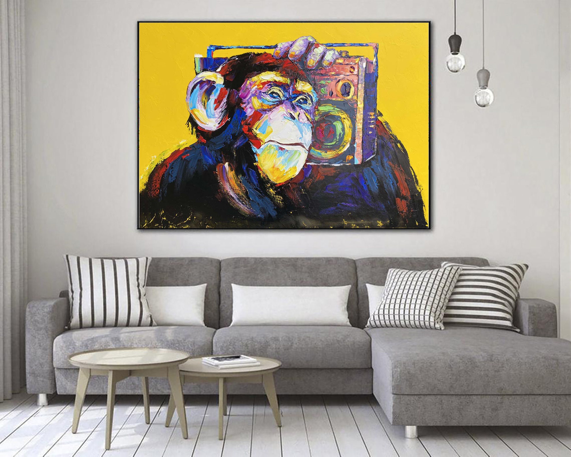 Large Abstract Canvas Monkey With Music Player Paintings on | Etsy