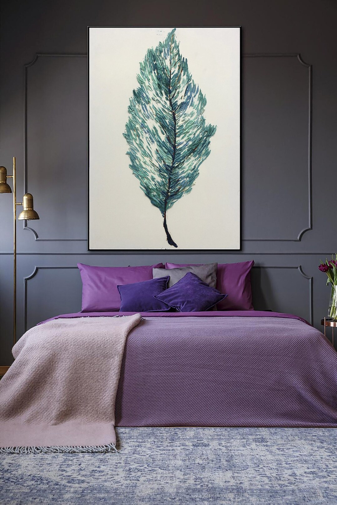 Original Cyan Leaf Acrylic Painting Colorful Impasto Style Textured ...