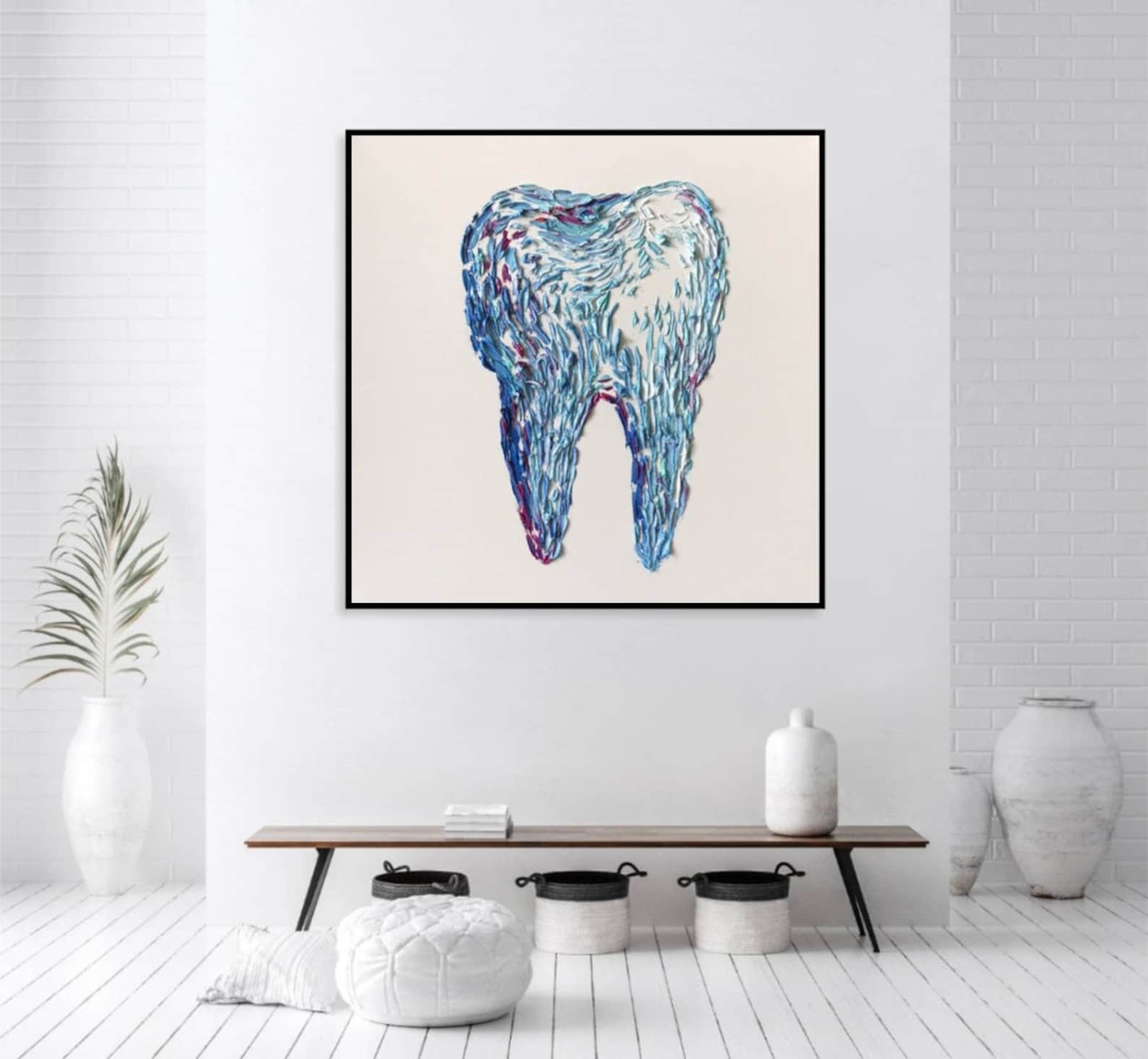 Original Abstract Teeth Painting on Canvas. Blue Impasto Handmade Art ...