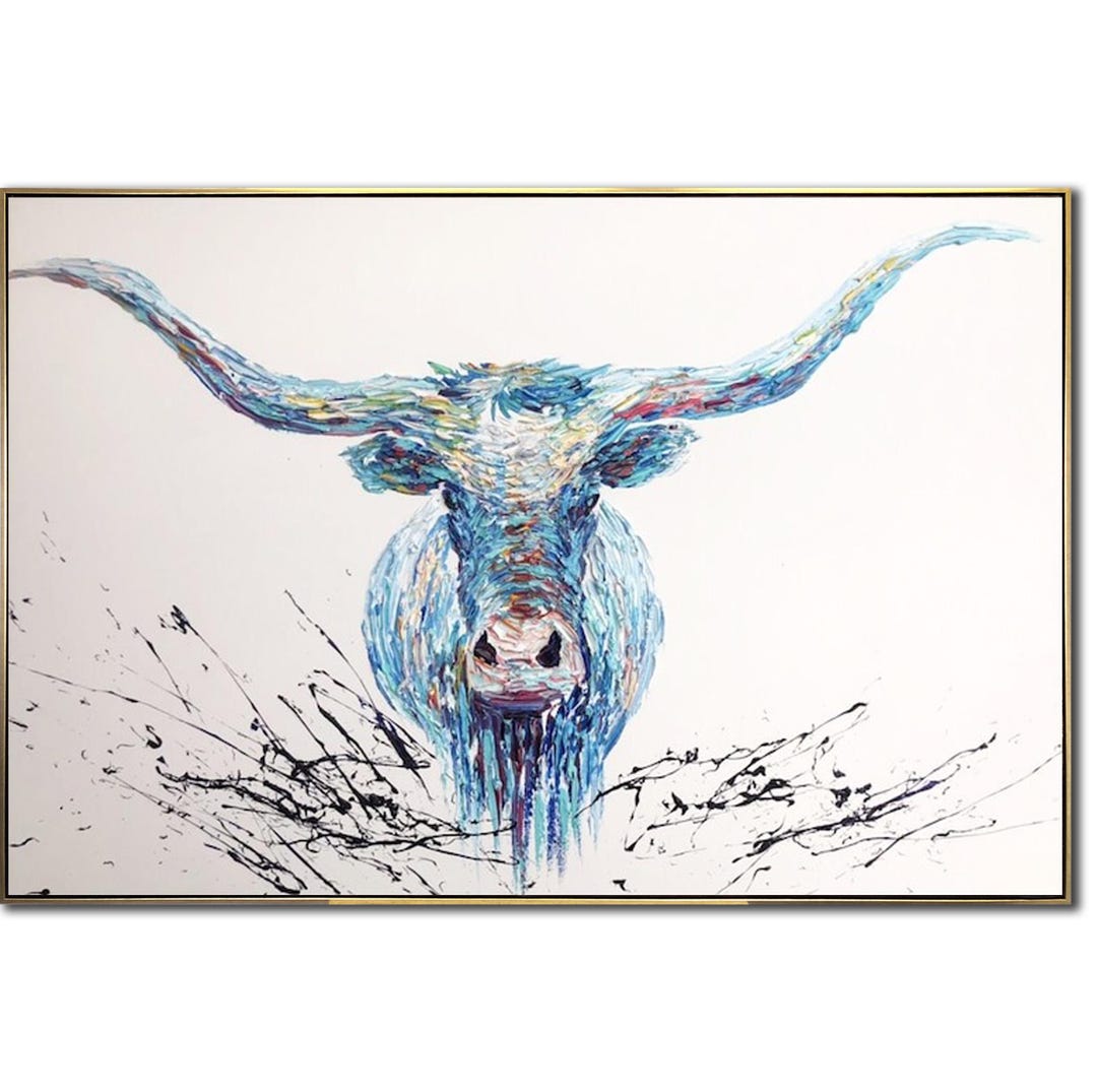 Original Abstract Blue Bull Longhorn Paintings on Canvas Modern Rustic ...