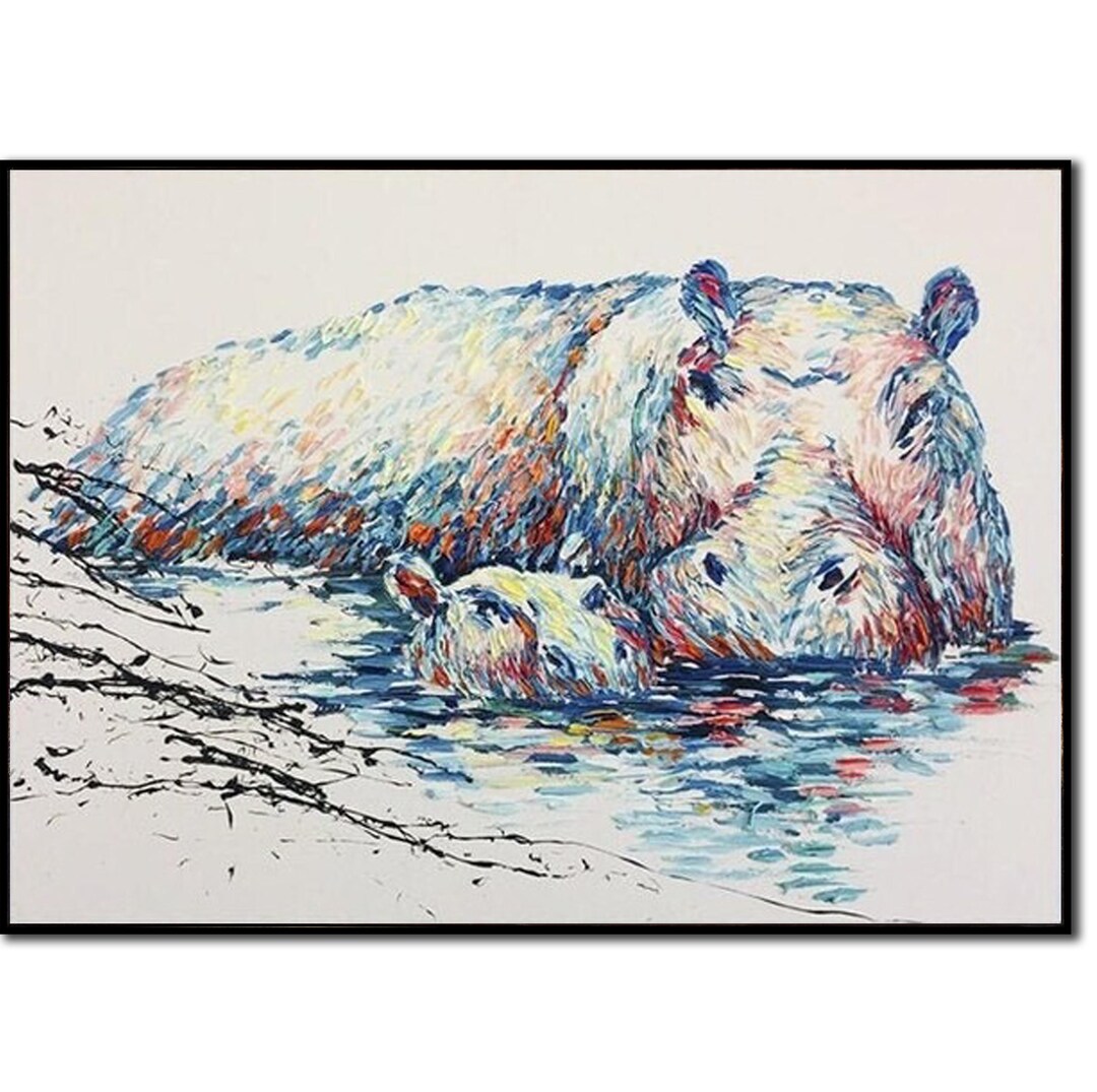 Large Hippopotamus Oil Paintings on Canvas Abstract Hippo Family ...