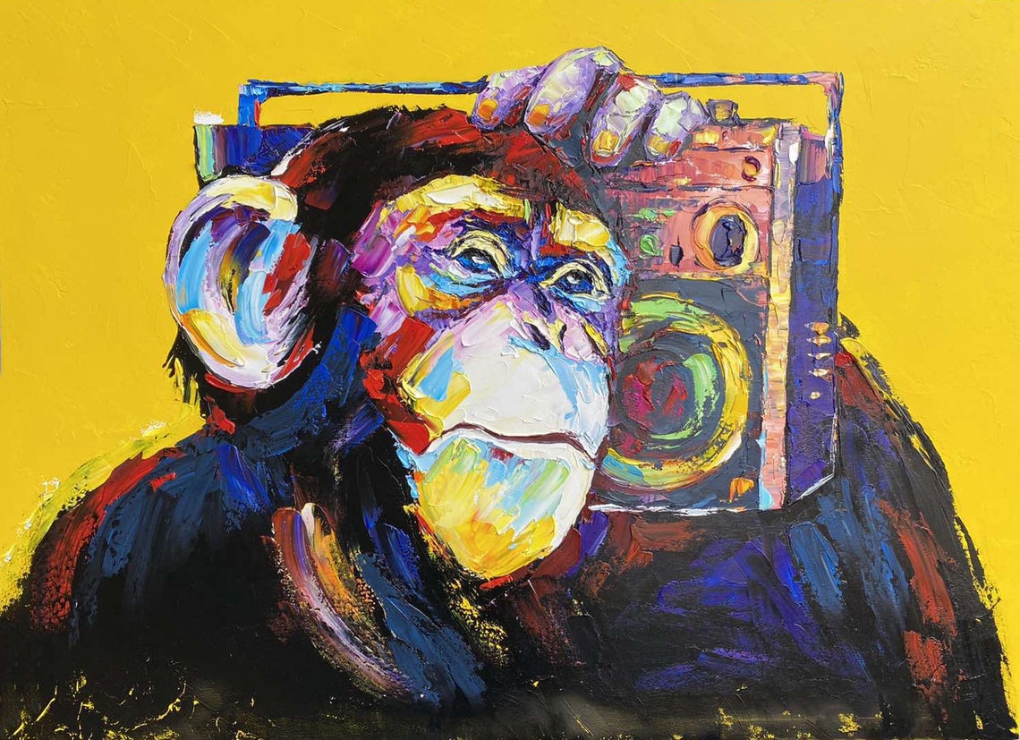 Large Abstract Canvas Monkey With Music Player Paintings on | Etsy