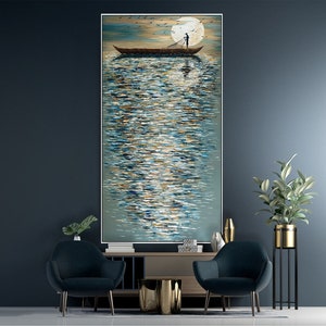 Impressionist Seascape With Moonlight Reflection Calming Nautical Wall ...