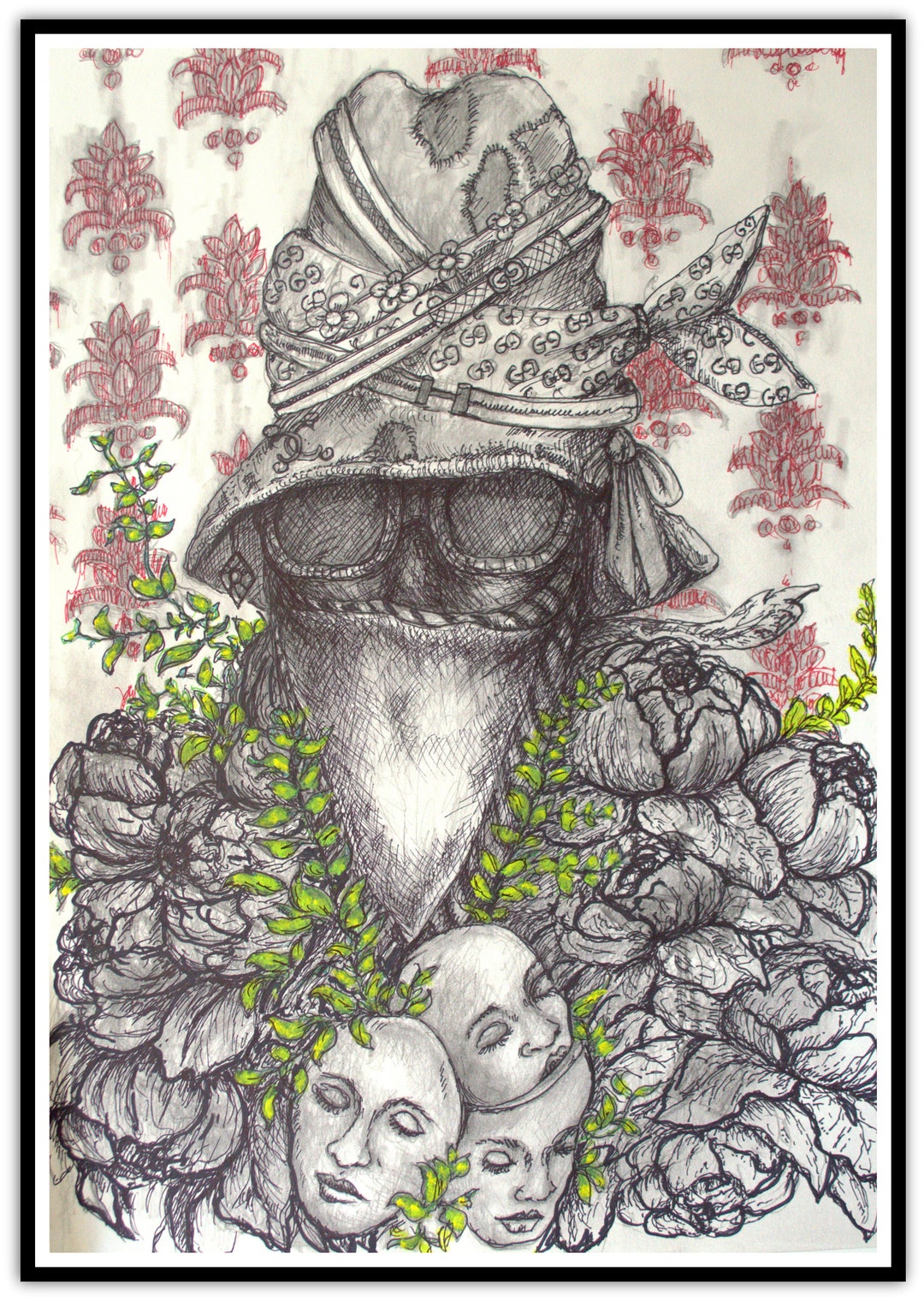 Original Drawing Face Head NO POSTER Charcoal Flowers Art Art Woman ...