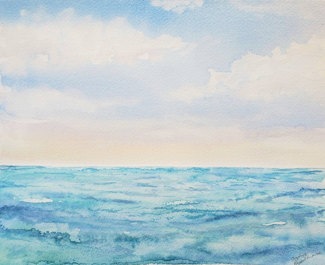 Waves Collection, Painting 1. Original Watercolor of Sky, Clouds and ...
