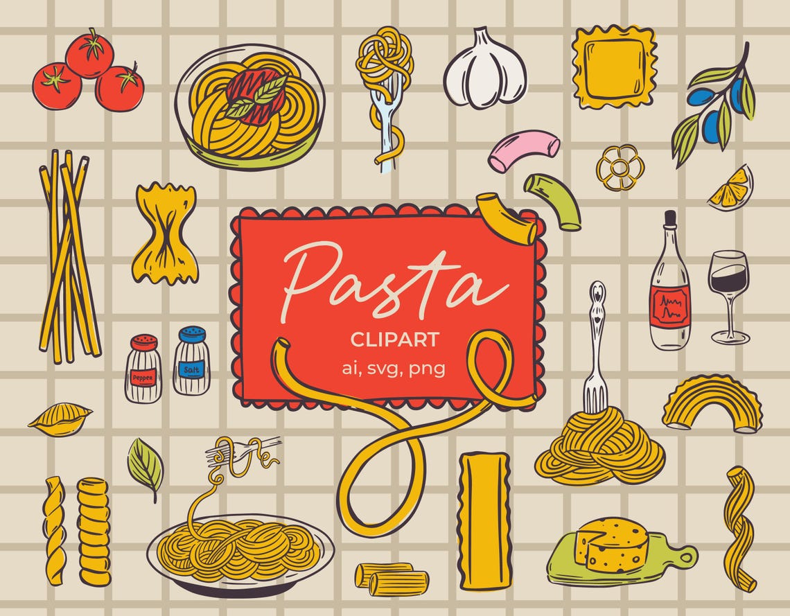 Hand Drawn Pasta Clipart | Italian Food SVG & PNG | Whimsical ...