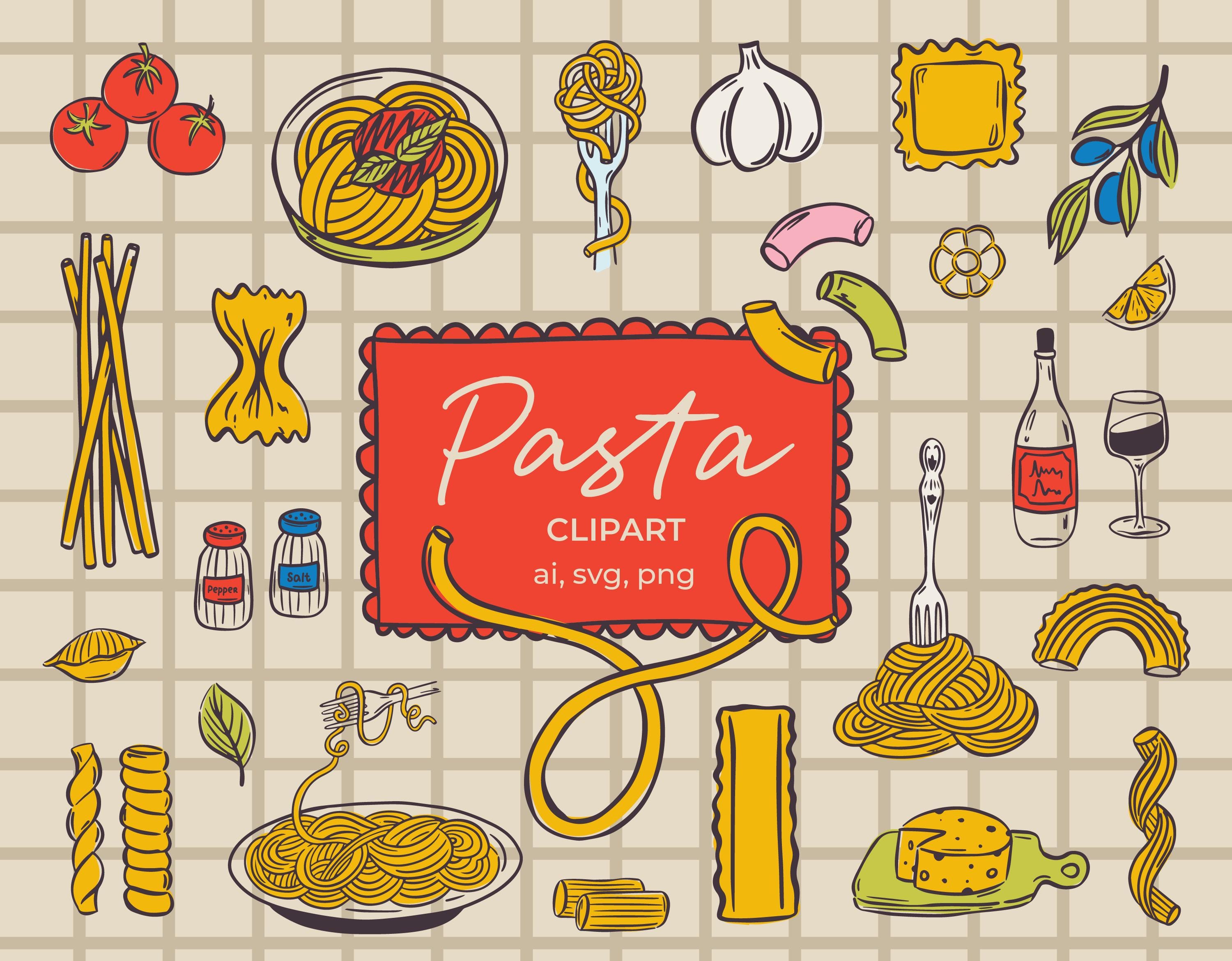 Hand Drawn Pasta Clipart | Italian Food SVG & PNG | Whimsical ...