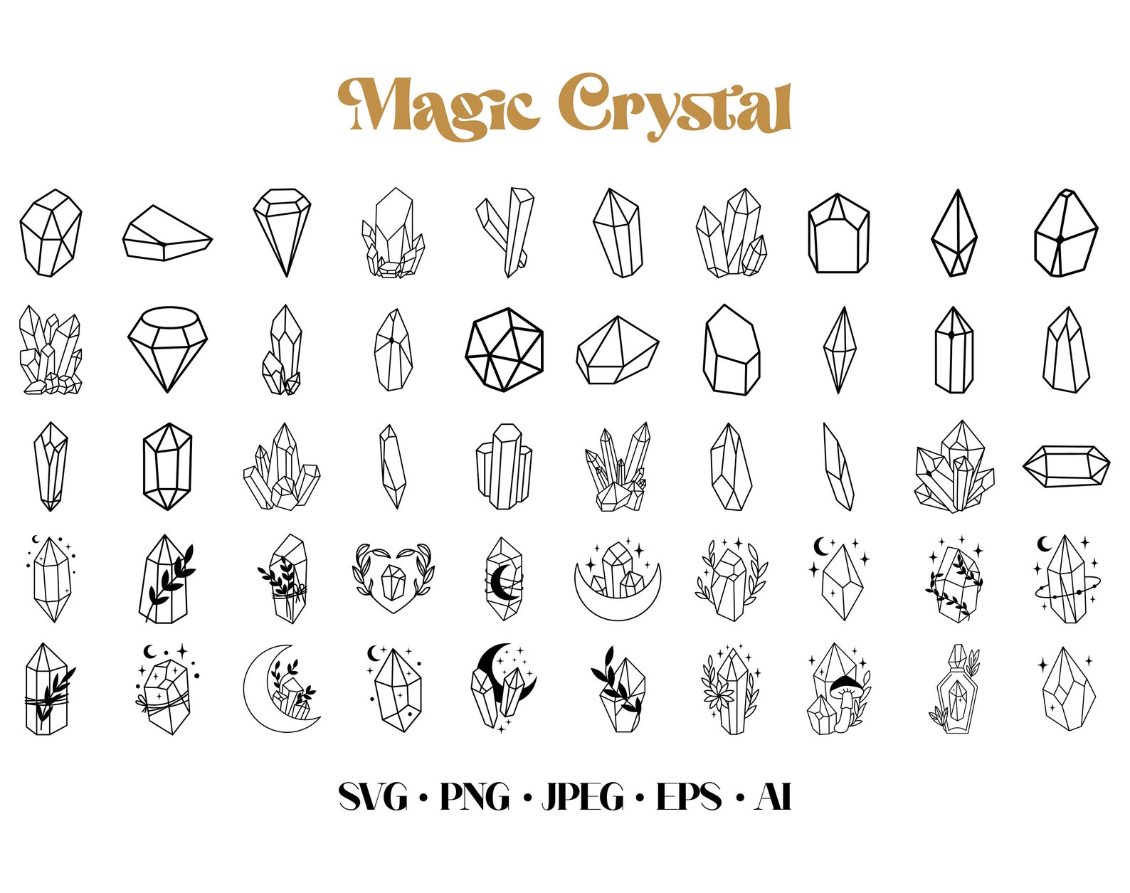 50 Crystal SVG, Line Art Gems Shapes, Clip Art Diamond, Gemstone ...