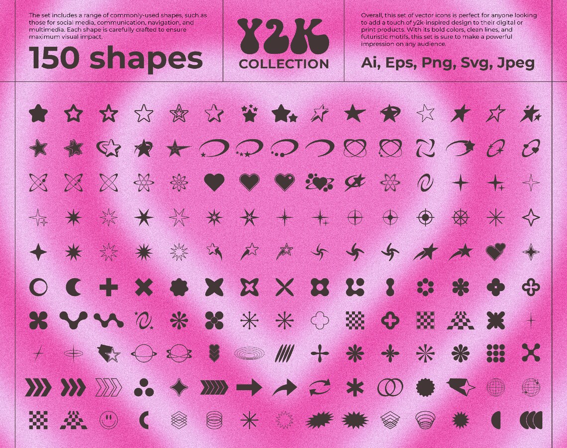 150 Aesthetic Y2k Shapes SVG, 2000s Icon Art Clip Art, Heart, Stars ...
