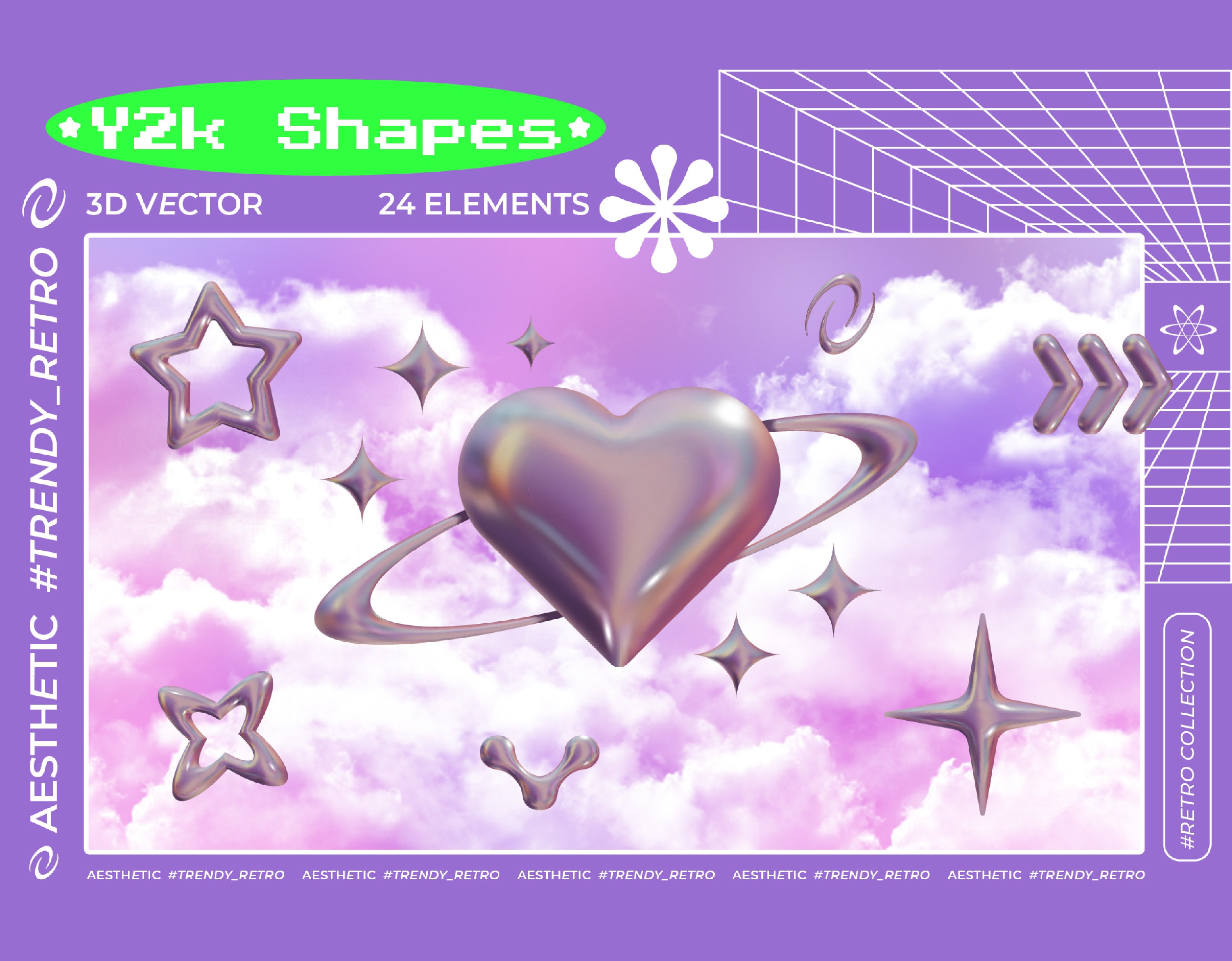 3D Y2k Shapes Digital Prints, Retro Clipart Png, Holographic Heart and ...