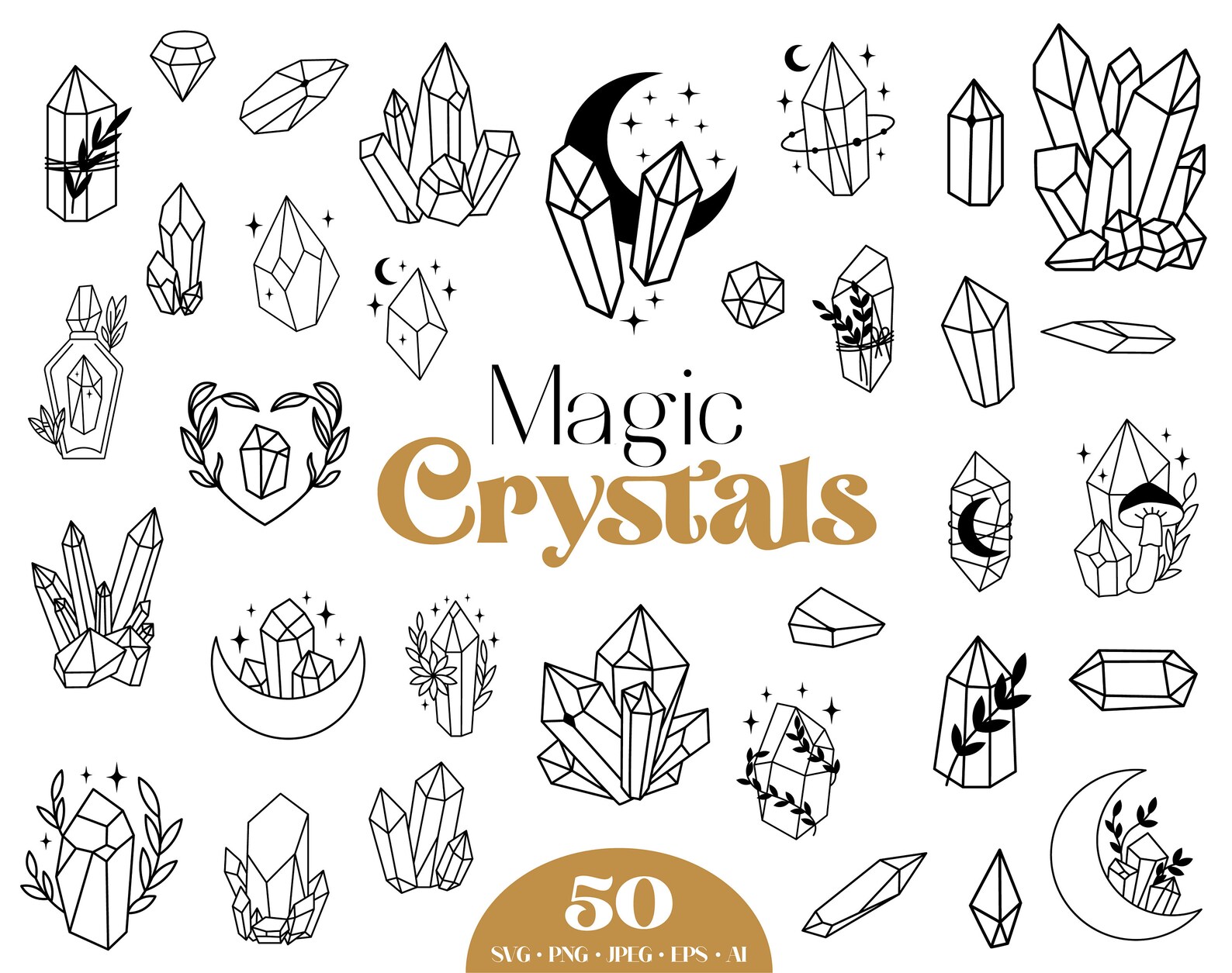 50 Crystal SVG, Line Art Gems Shapes, Clip Art Diamond, Gemstone ...