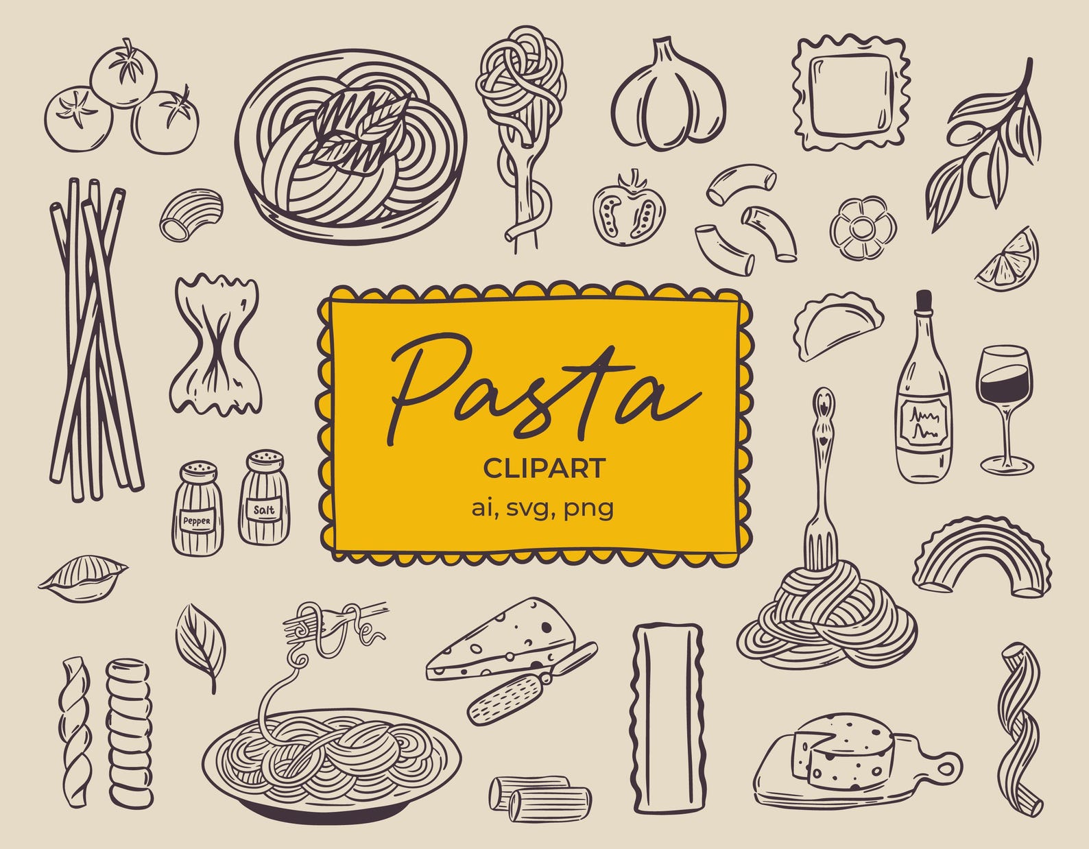 Hand Drawn Pasta Clipart | Italian Food SVG & PNG | Whimsical ...