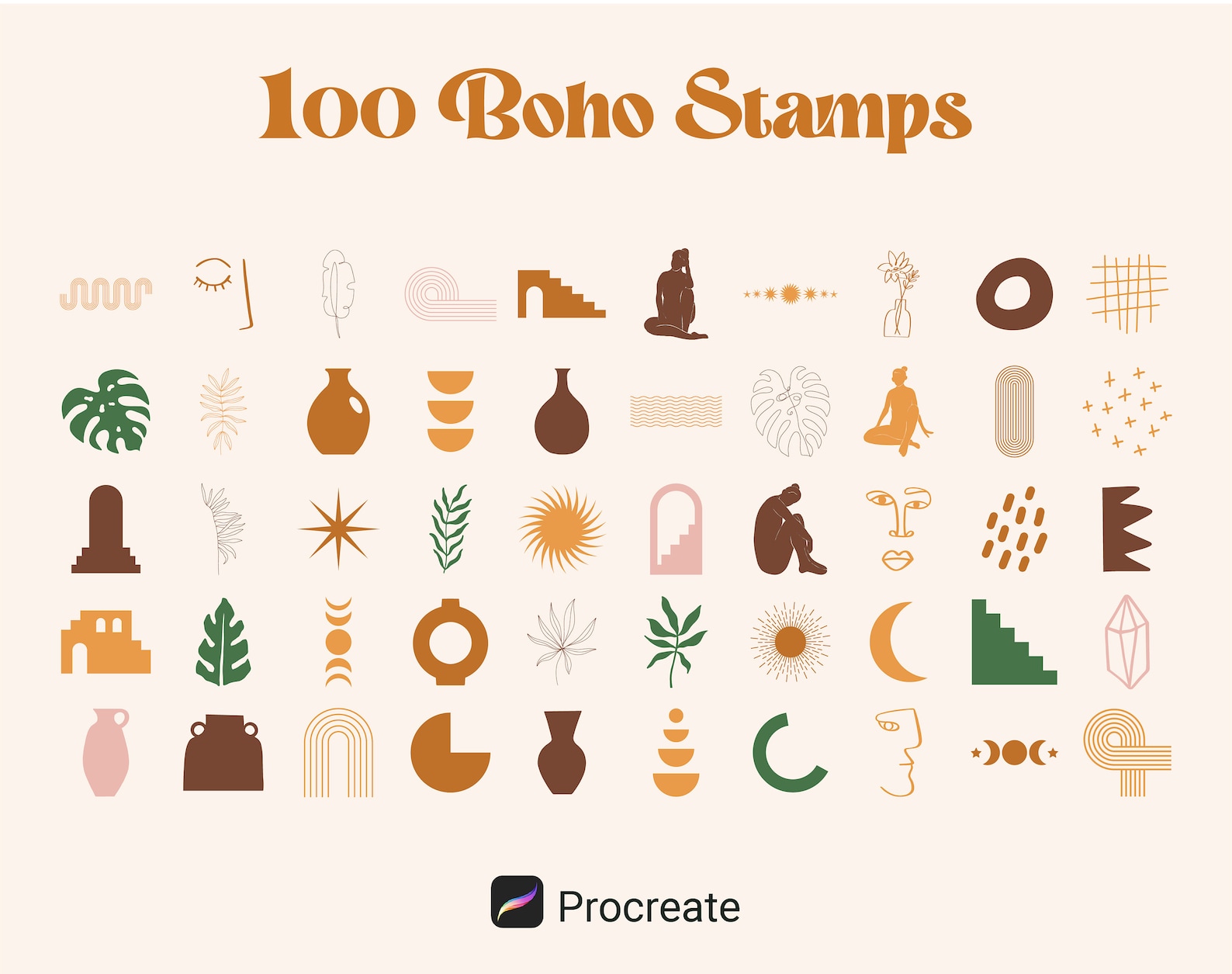 100 Procreate Boho Stamps, Bohemian Art Brushes, Abstract Procreate ...