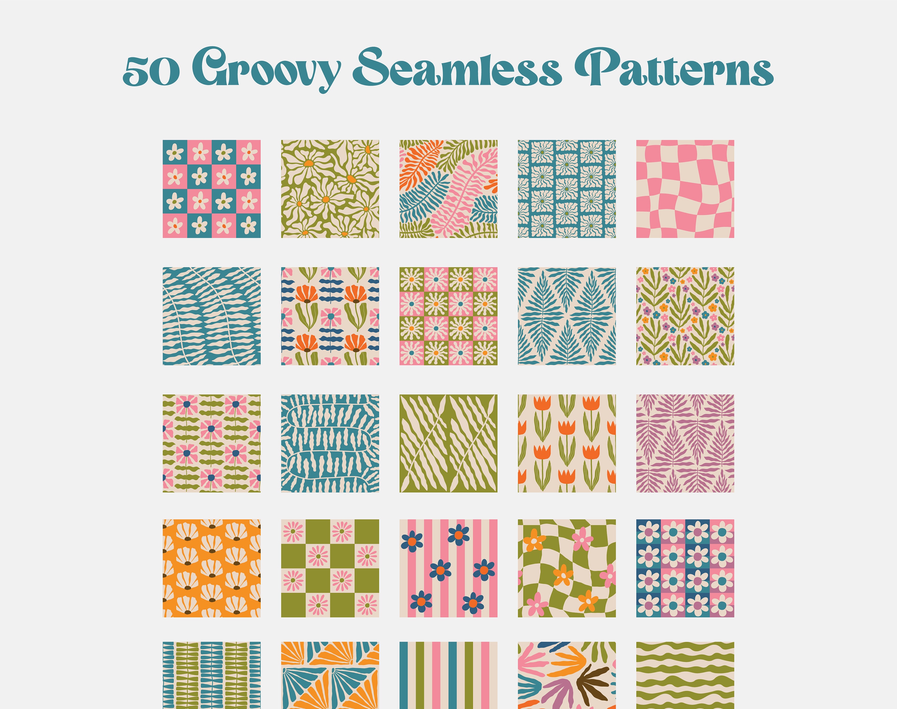 50 Groovy Flower Digital Papers, Retro Seamless Pattern,70s 60s Vintage ...