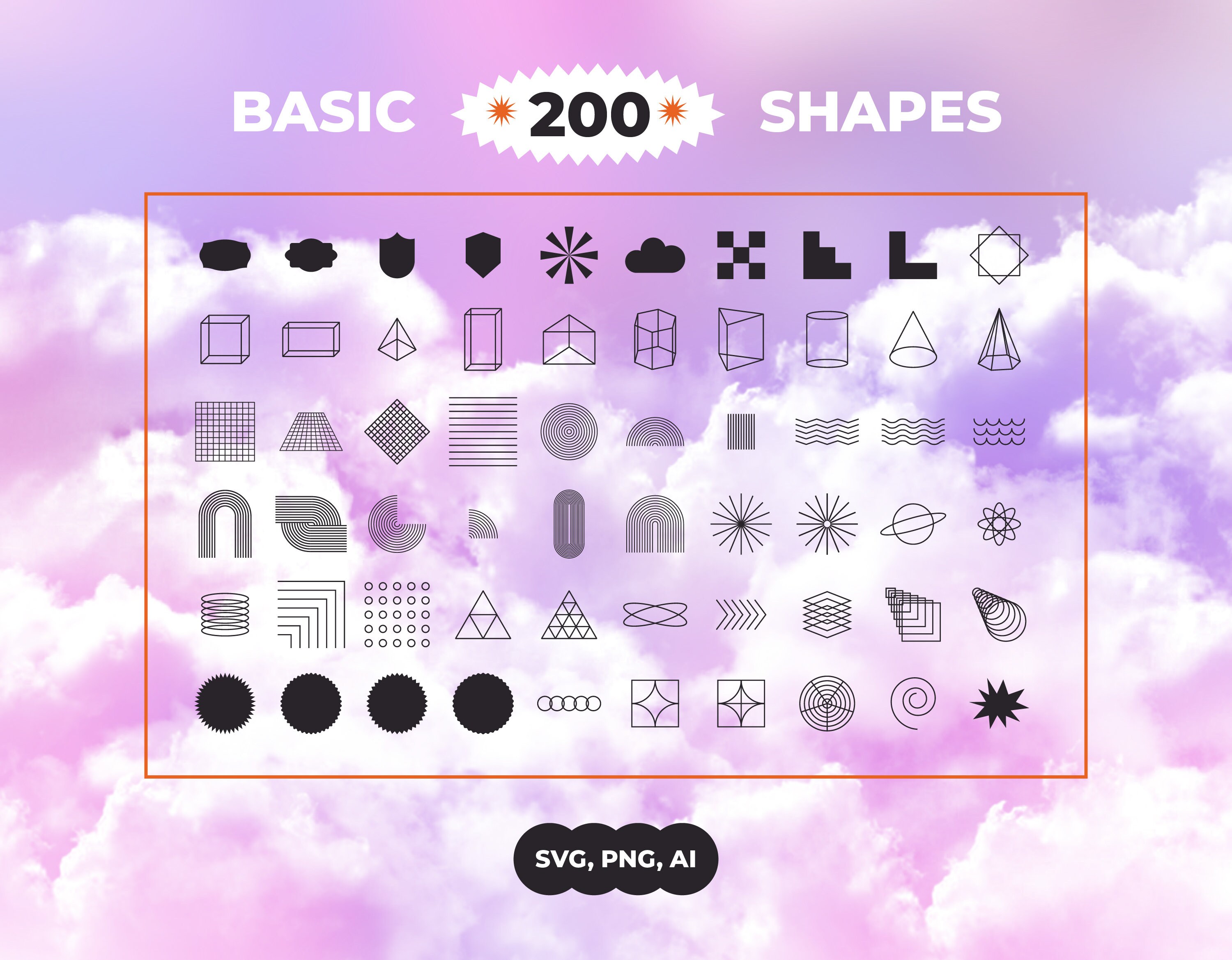 200 Basic Geometry Shapes Svg, Simple Bundle Cricut Elements Png, Set ...