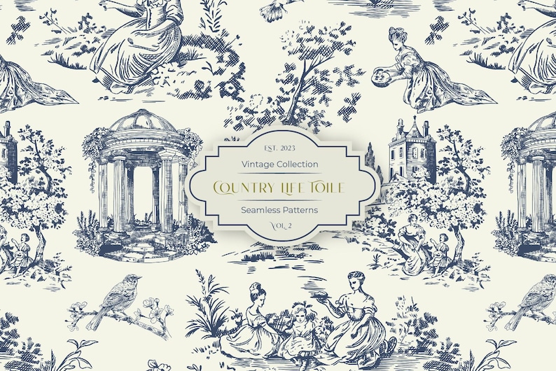Blue Toile De Jouy Clipart | Vintage French Floral Patterns | Parisian ...