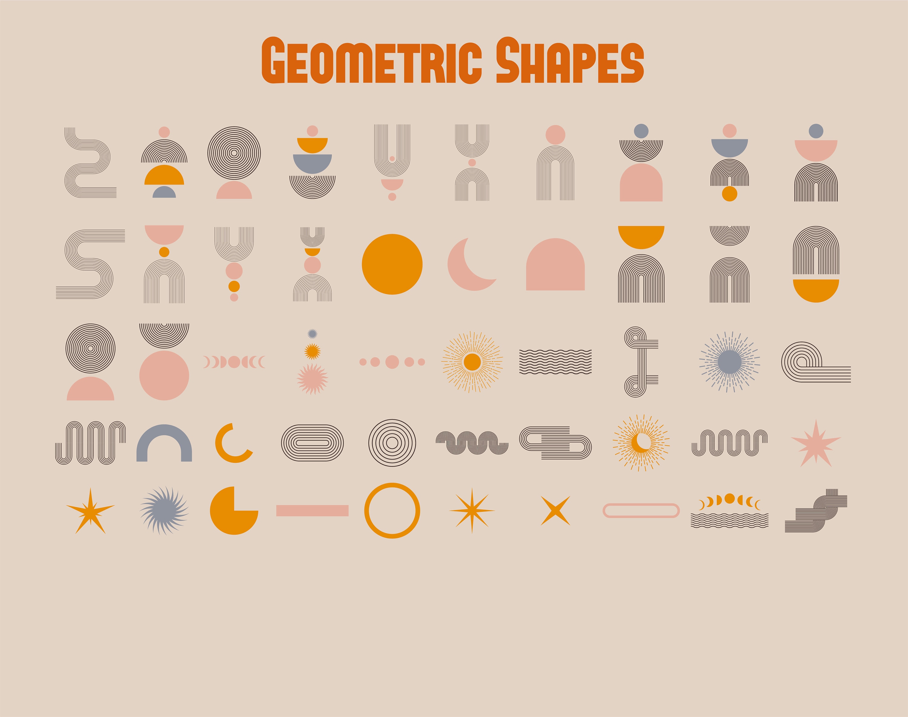 100 Geometric Boho Shapes, Bohemian Line Art, Abstract Rainbow Sun ...