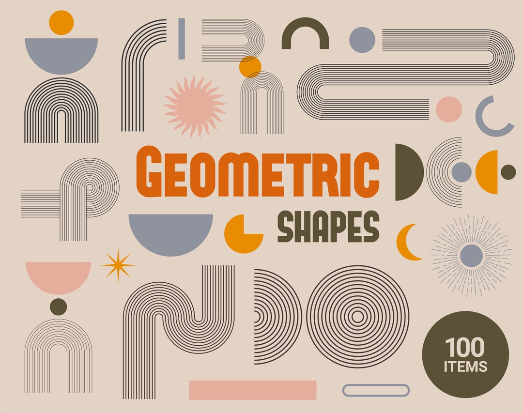 100 Geometric Boho Shapes, Bohemian Line Art, Abstract Rainbow Sun ...