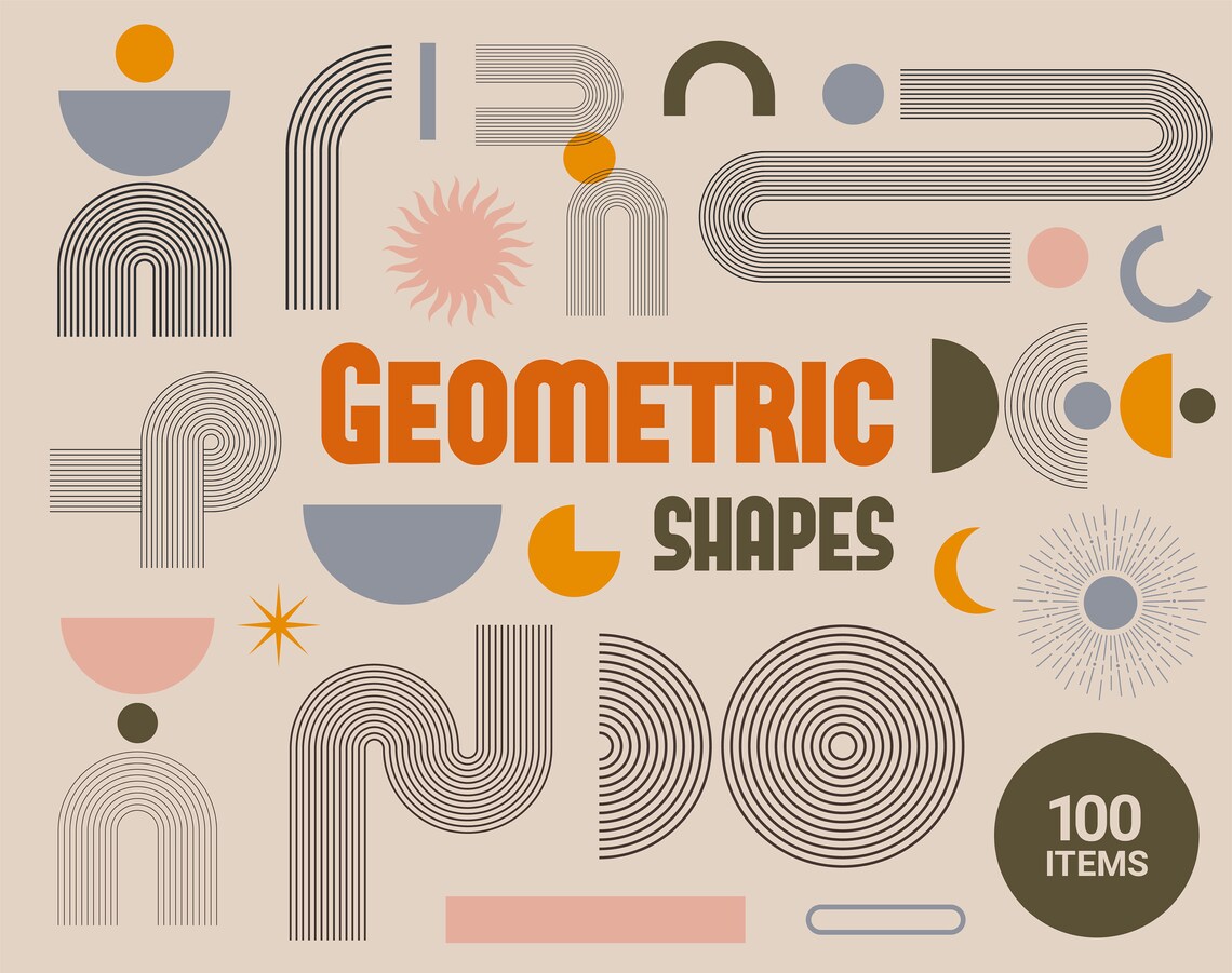 100 Geometric Boho Shapes, Bohemian Line Art, Abstract Rainbow Sun ...