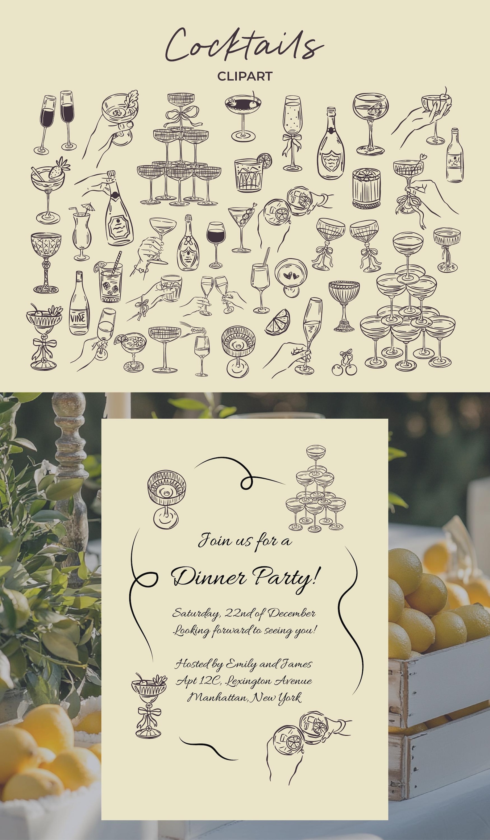 Whimsical Cocktail Clipart SVG PNG | Hand Drawn Drinks, Champagne ...