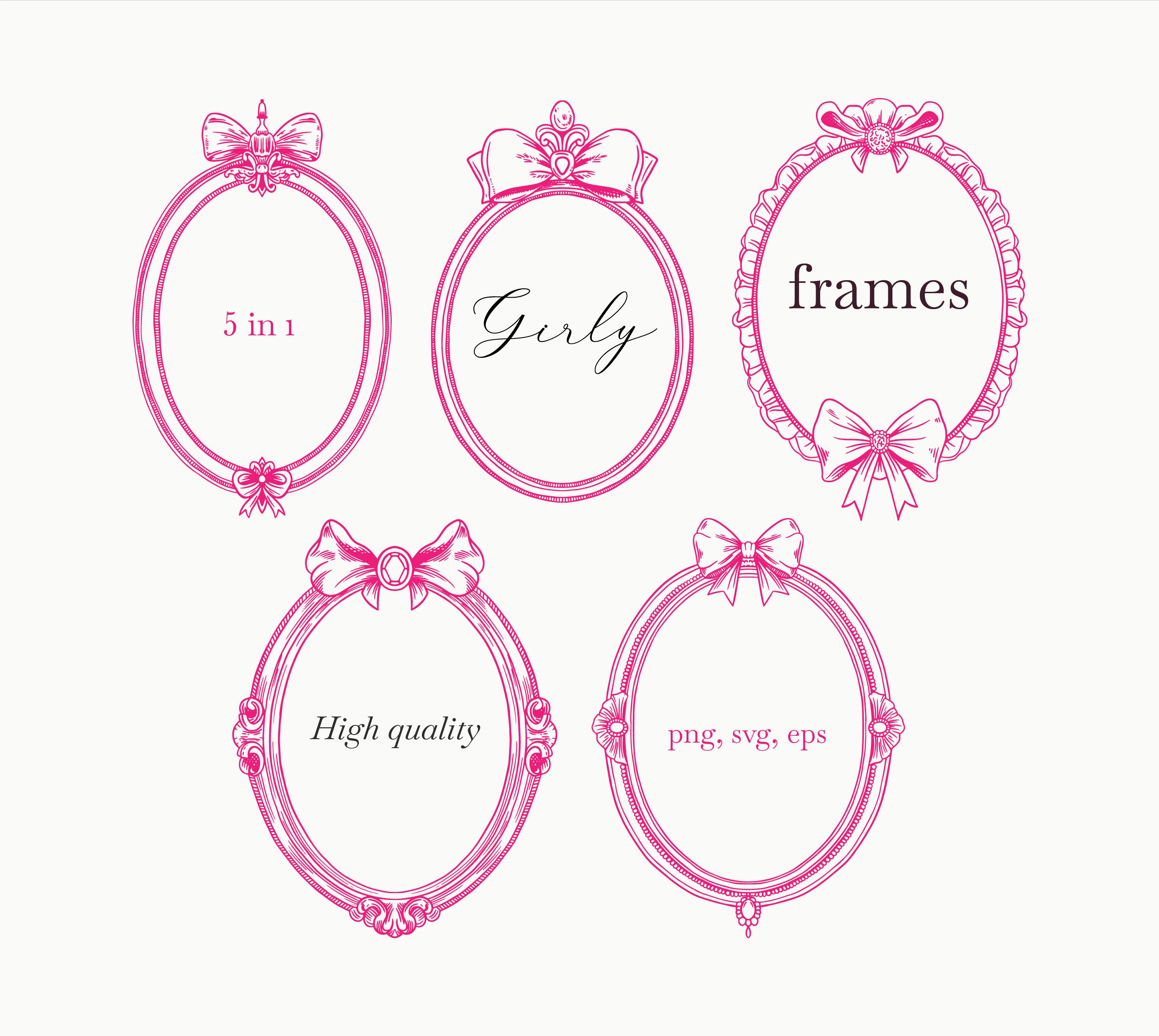 Line Art Frame Clipart | Pink Girly Baroque Bow Frames PNG | Vintage ...