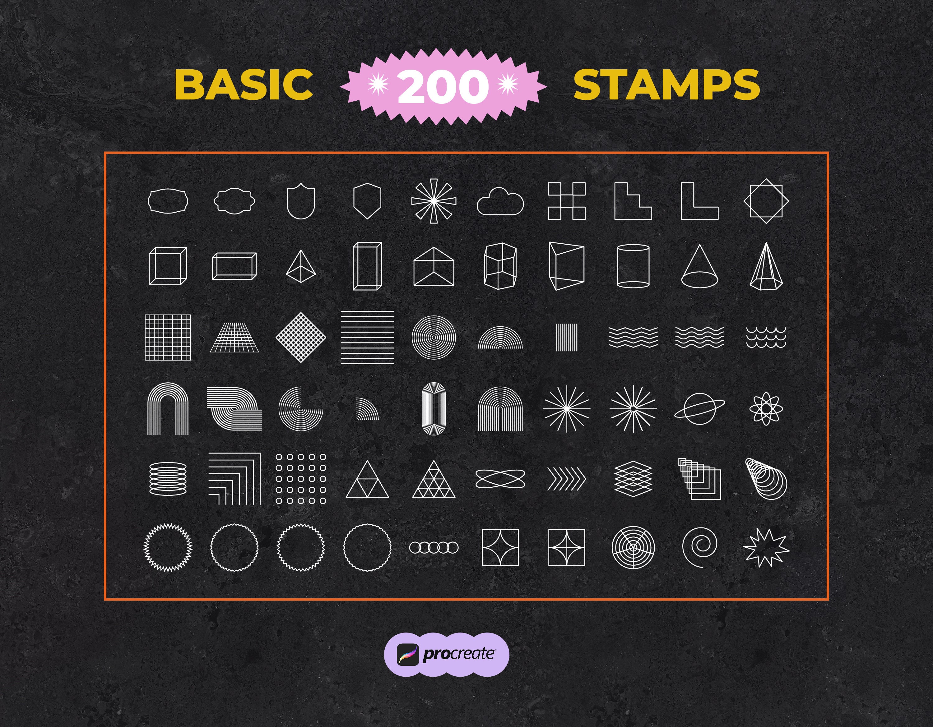 200 Basic Procreate Stamps, Simple Outlines Geometry Elements, Set of ...