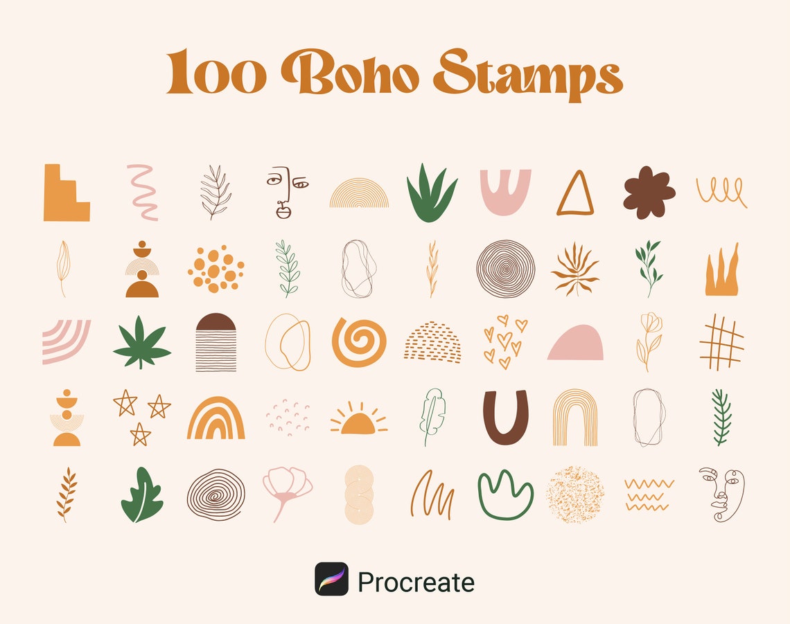 100 Procreate Boho Stamps, Bohemian Art Brushes, Abstract Procreate ...