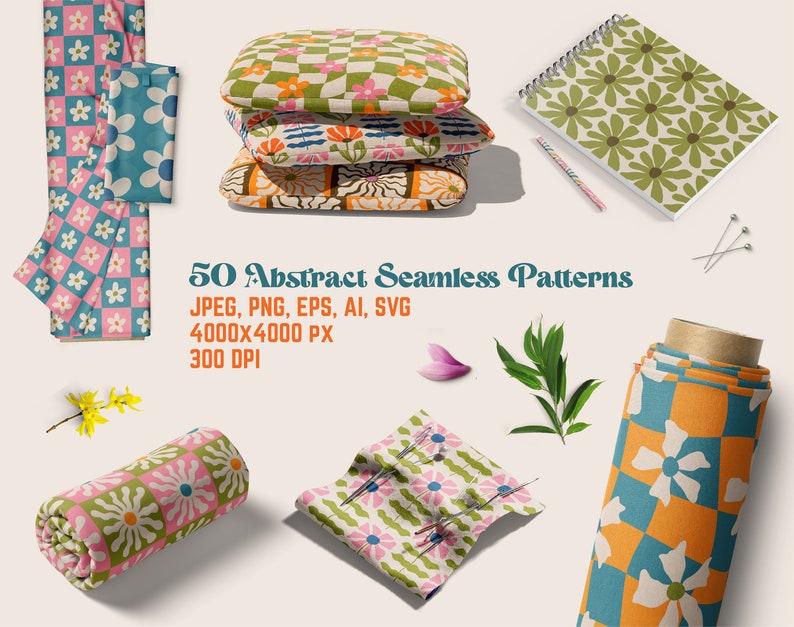 50 Groovy Flower Digital Papers, Retro Seamless Pattern,70s 60s Vintage ...