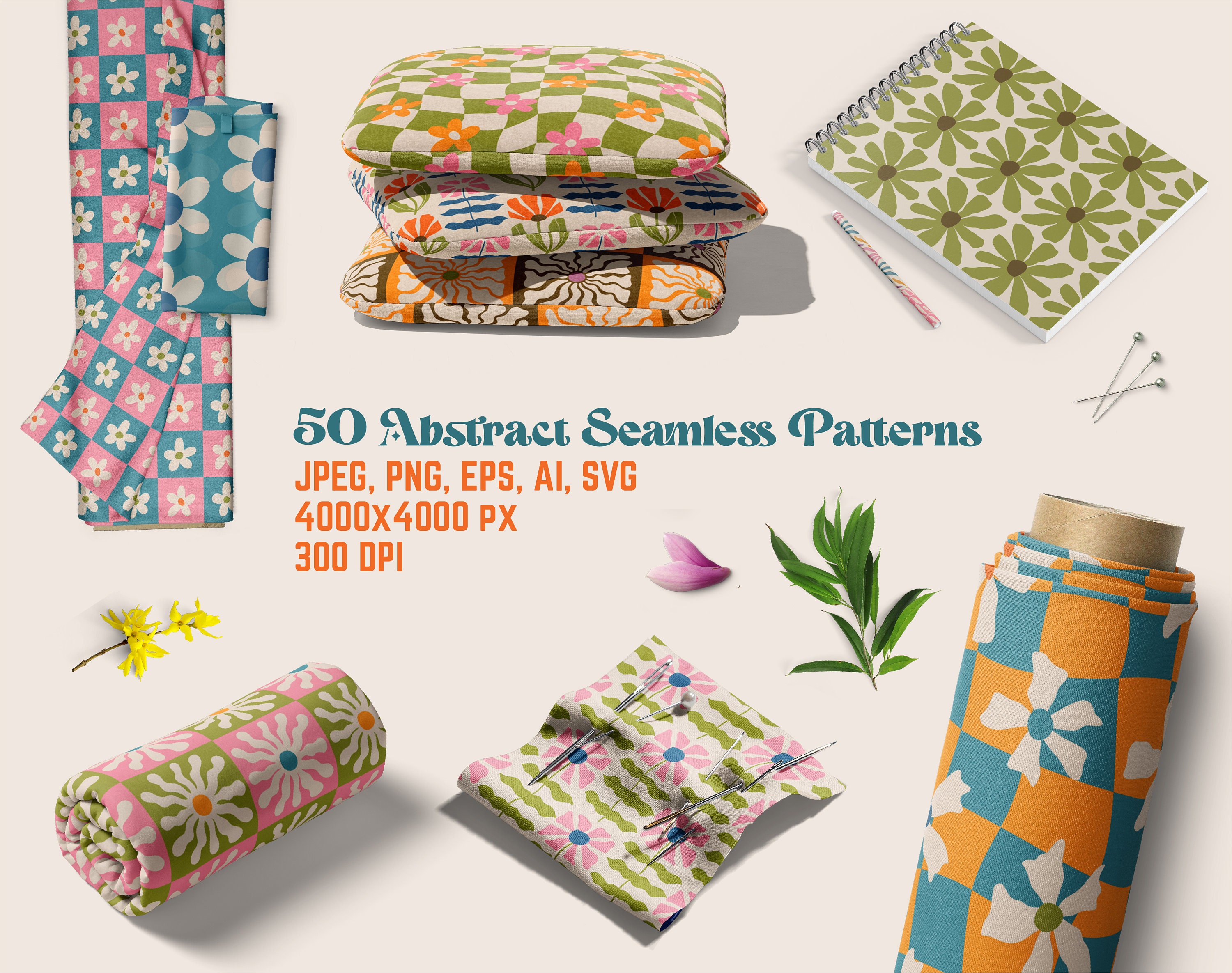 50 Groovy Flower Digital Papers, Retro Seamless Pattern,70s 60s Vintage ...