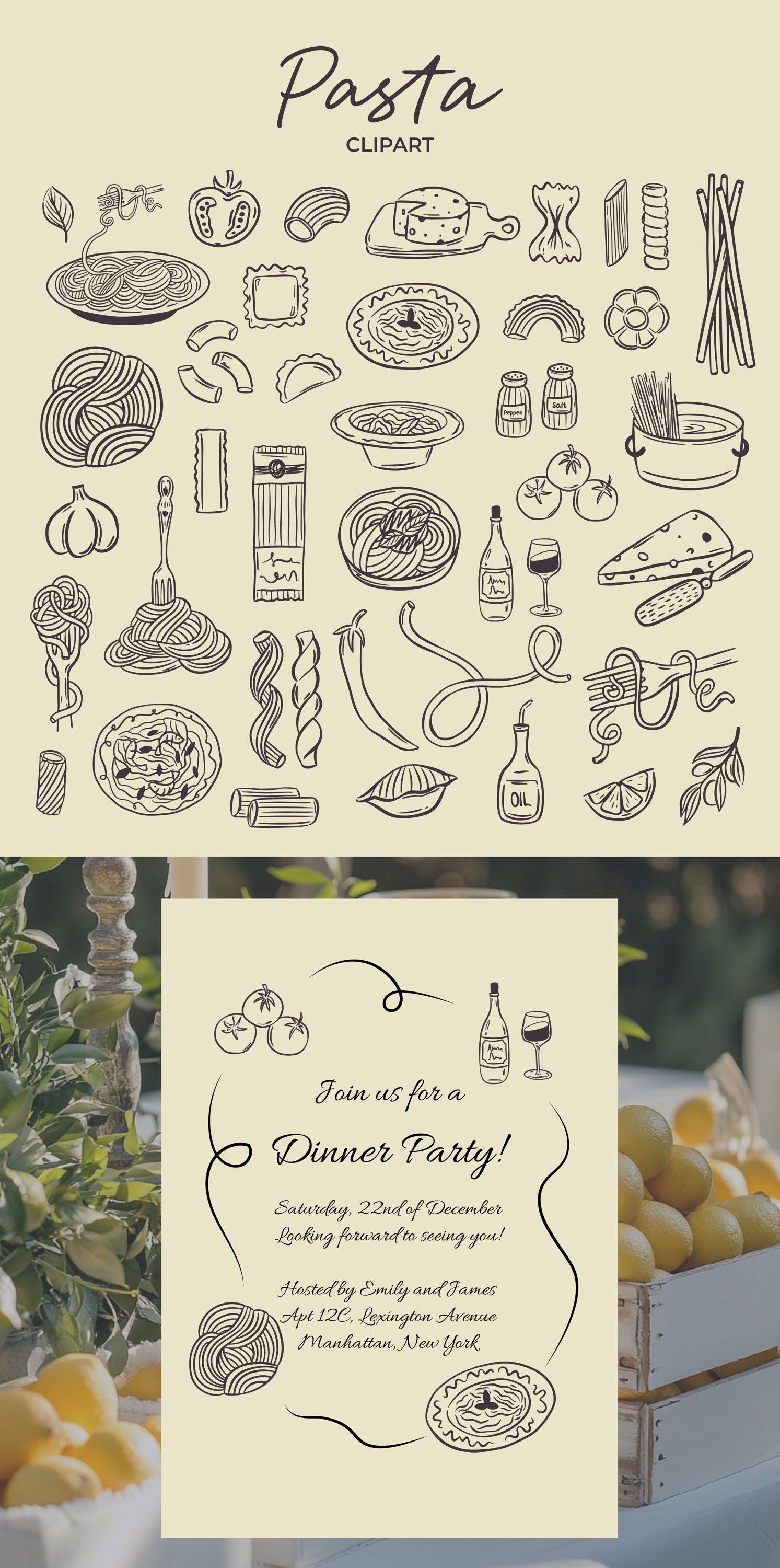Hand Drawn Pasta Clipart | Italian Food SVG & PNG | Whimsical ...