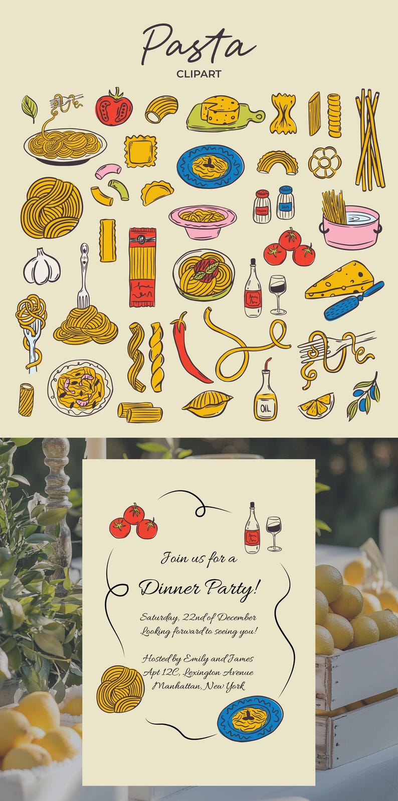 Hand Drawn Pasta Clipart | Italian Food SVG & PNG | Whimsical ...