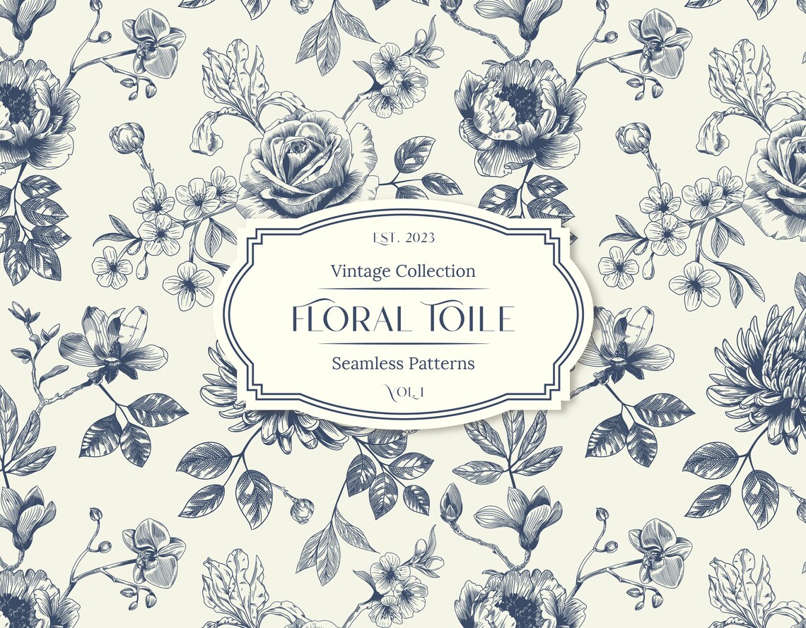 Toile De Jouy Seamless Pattern, Chinoiserie Digital Paper, Blue Floral ...
