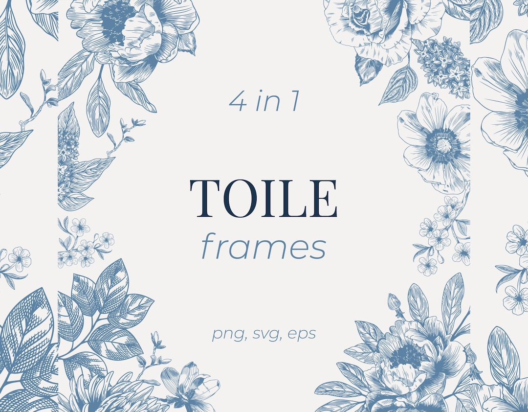 Wedding Floral Frame & Elegant Border | Gold and Blue Toile De Jouy and ...