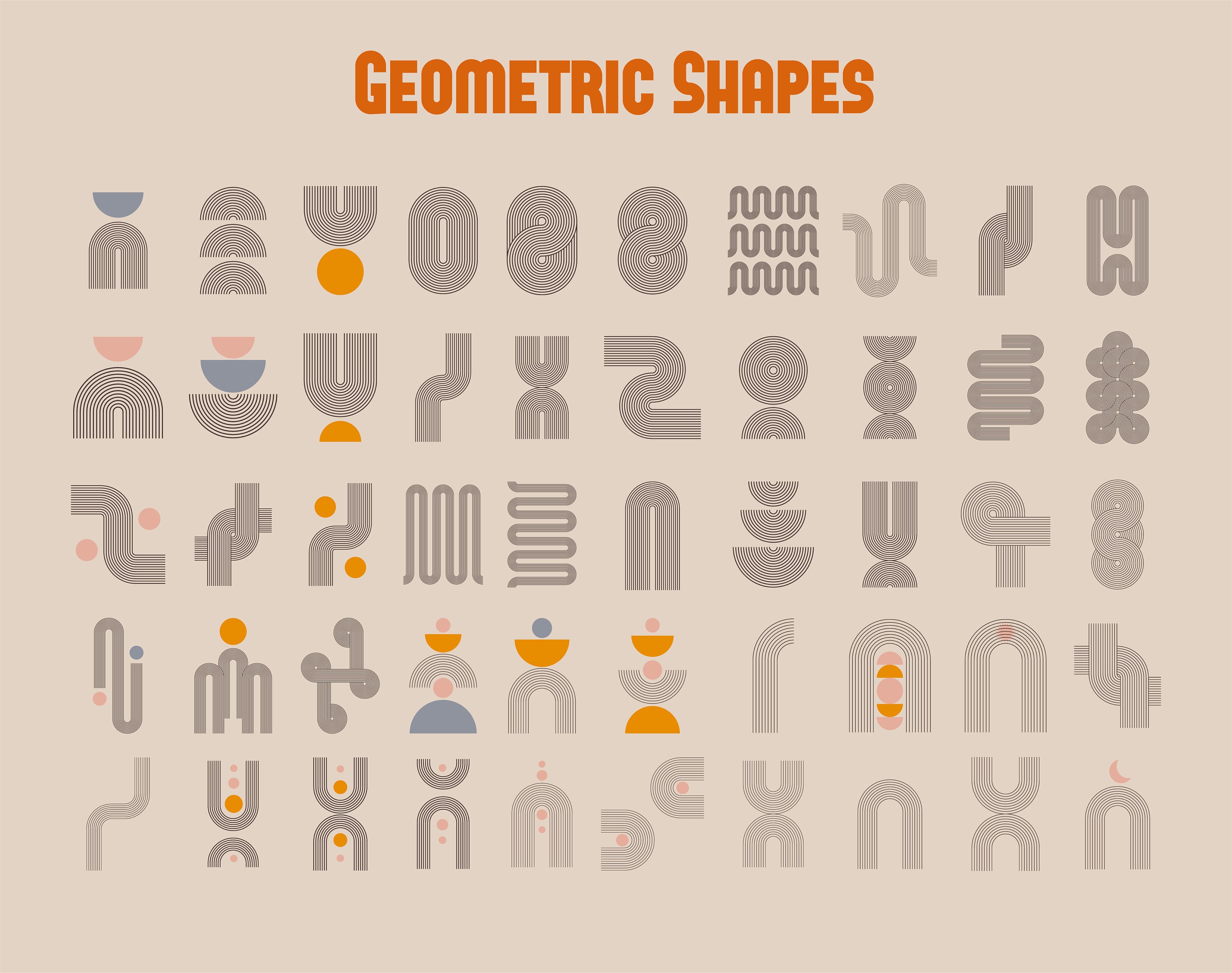 100 Geometric Boho Shapes, Bohemian Line Art, Abstract Rainbow Sun ...