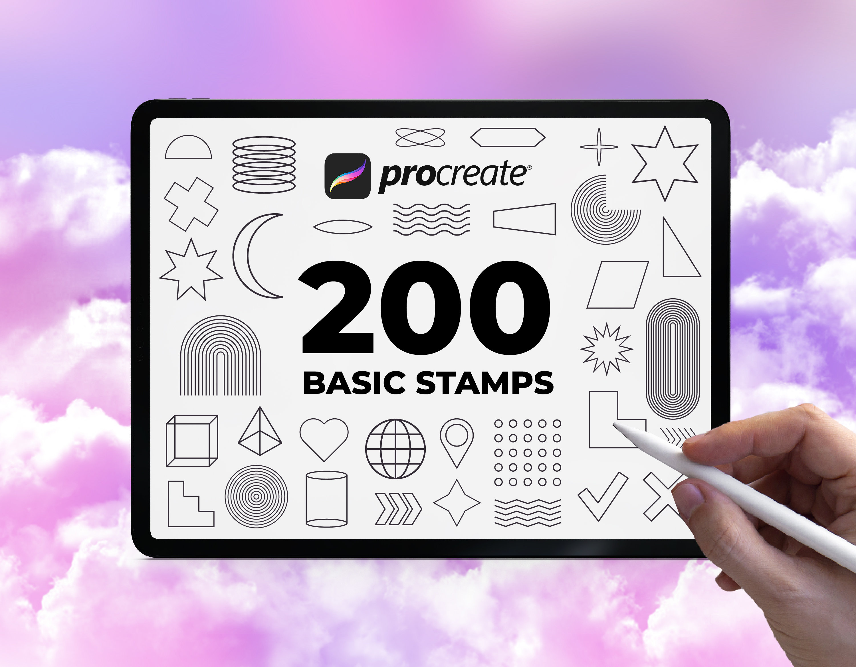 200 Basic Procreate Stamps, Simple Outlines Geometry Elements, Set of ...