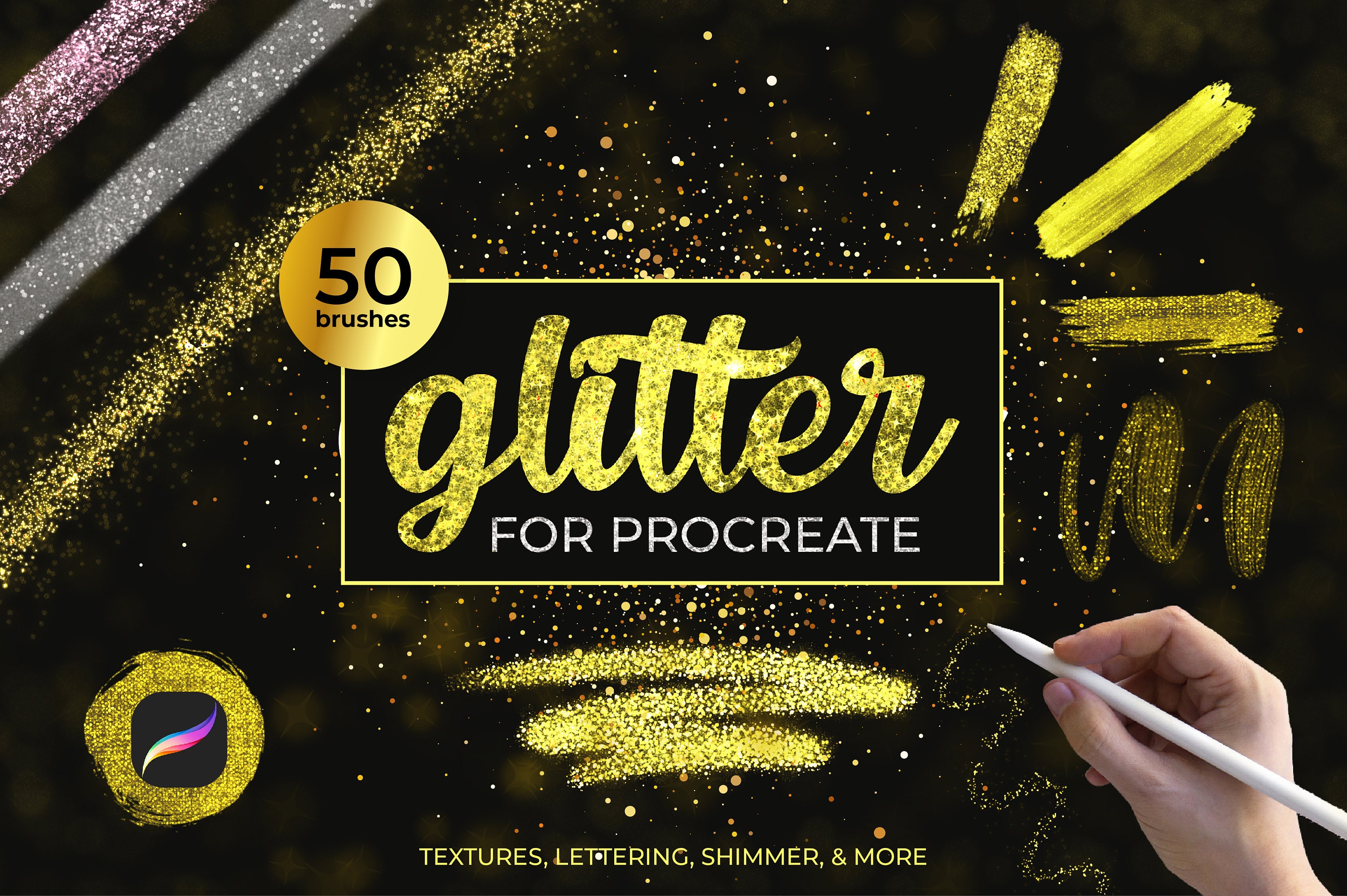 50+ Glitter Procreate Brushes for Lettering, Sparkly Metallic Effect, Gold Foil Brush, Shimmer ...