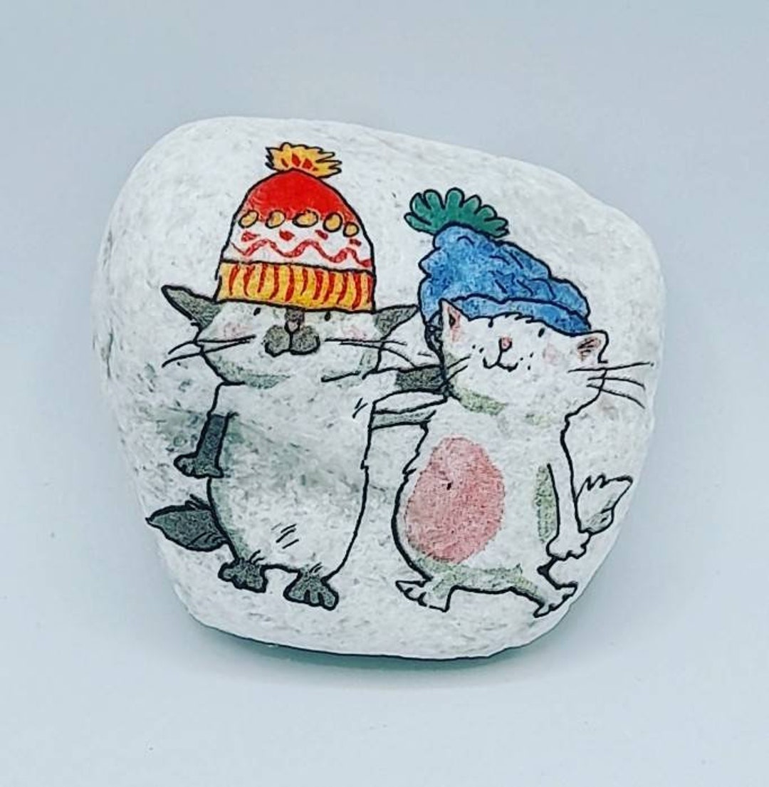 Cats in Hats Decorative Stone / Decoupage With Paper Napkins Onto White ...