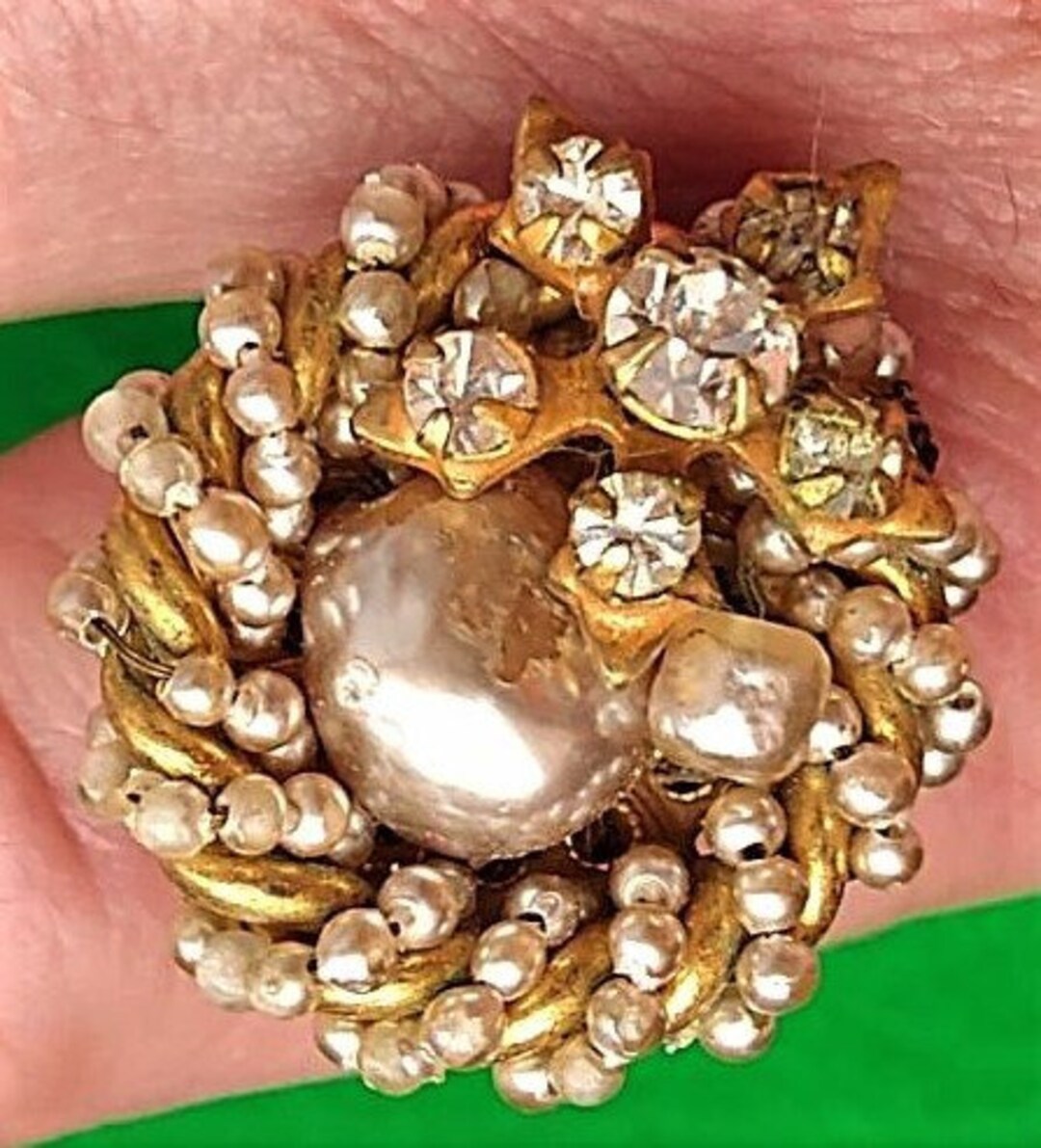 Vintage Miriam Haskell Ring: Moving Rhinestone Flower & Pearl ...