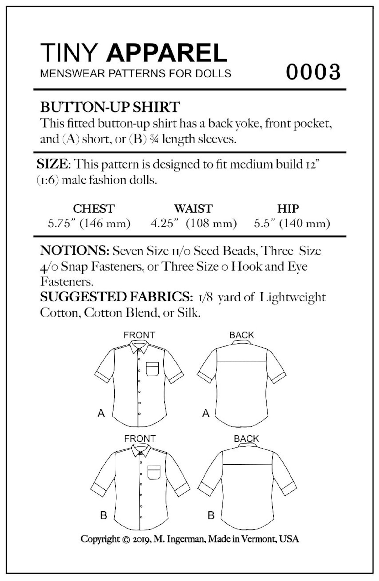 PDF Pattern | Button-up Shirt Sewing Pattern for 12" Fashion Dolls ...