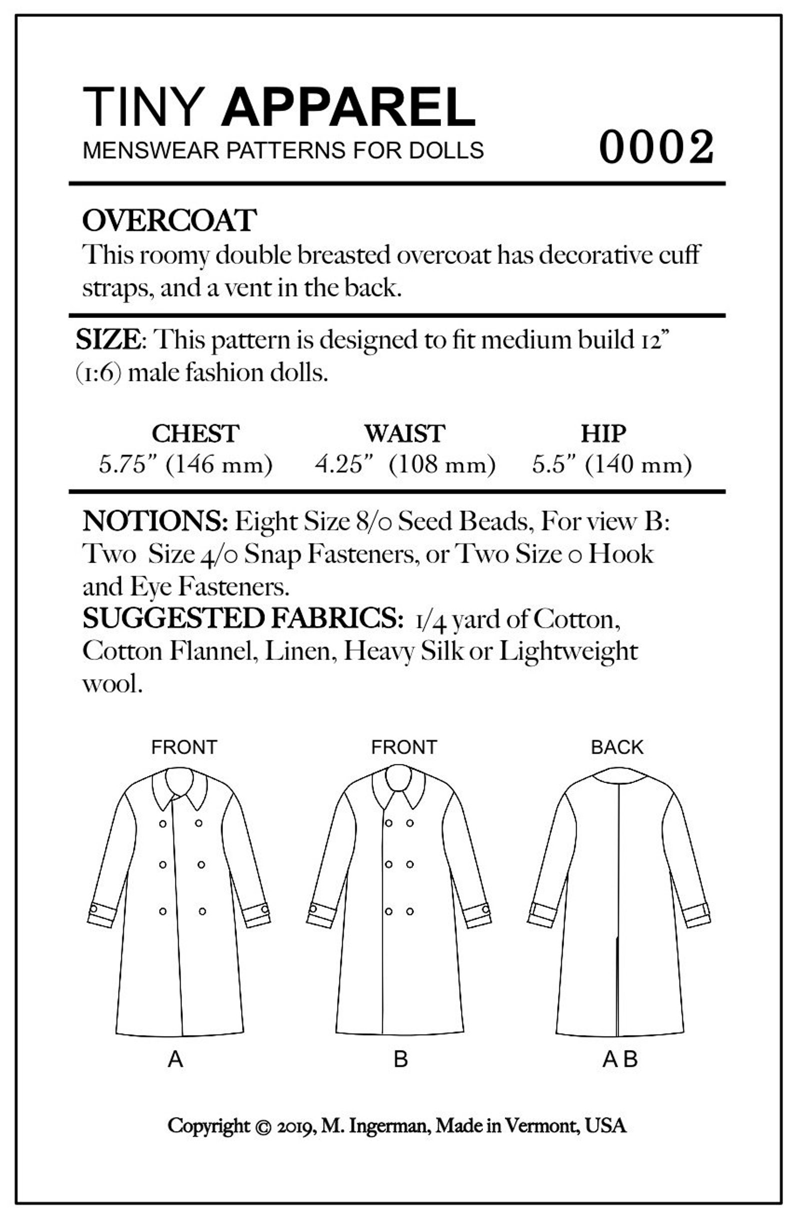 PDF Pattern Overcoat Sewing Pattern for 12 Fashion | Etsy