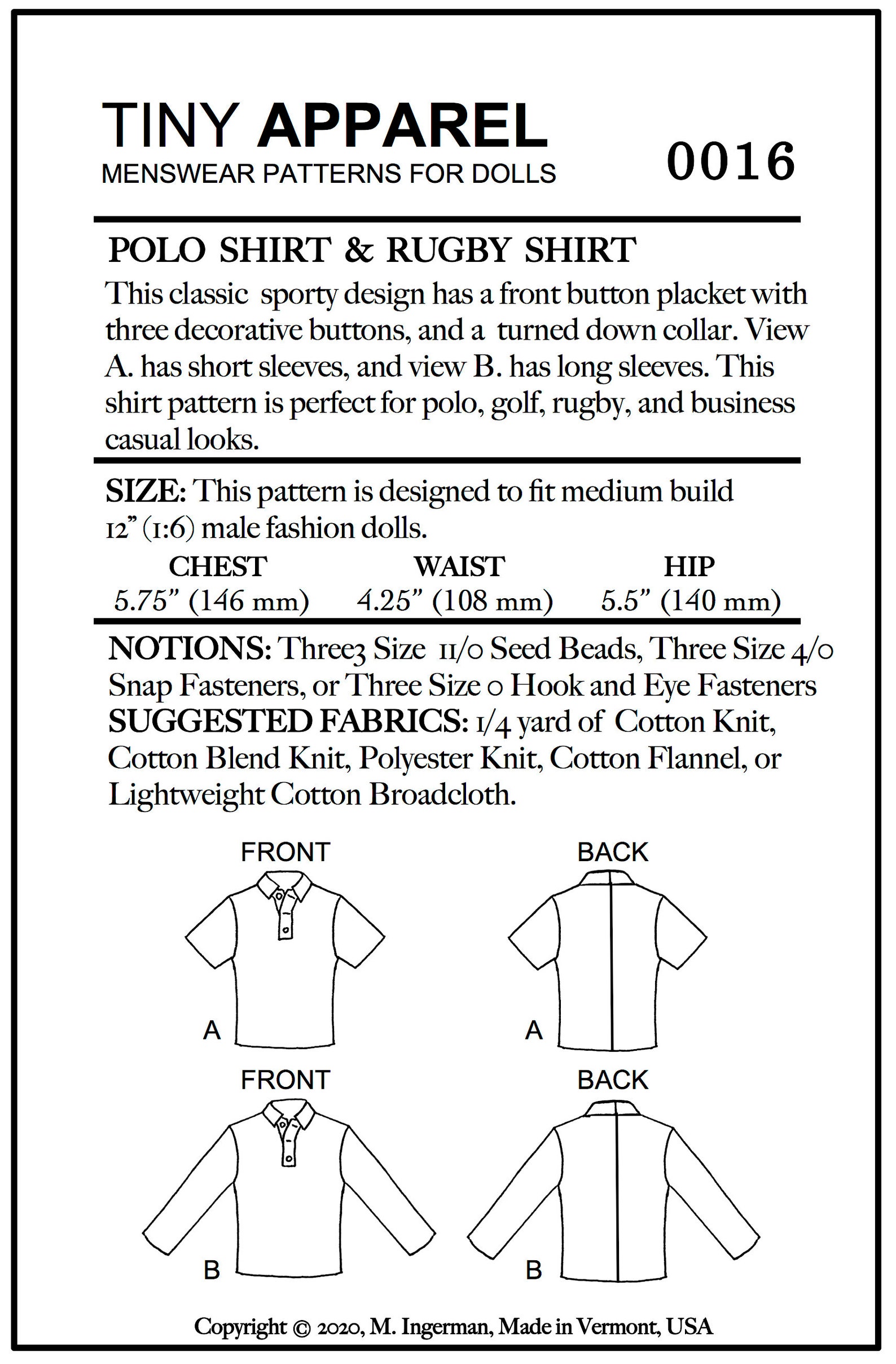 PDF Pattern | Polo Shirt and Rugby Shirt Sewing Pattern for 12" Fashion ...